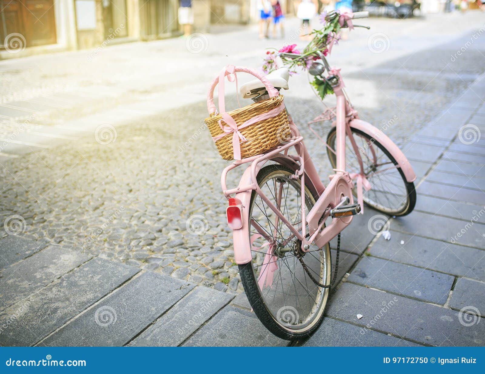 Vintage Pink Bicycle with Basket of Flowers Stock Photo - Image of ...
