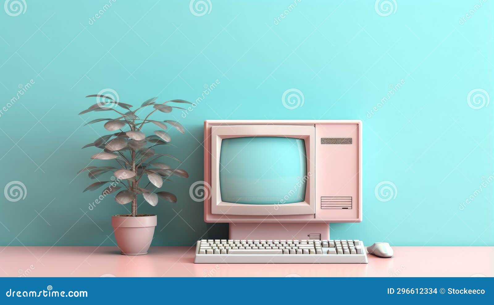 Vintage Pink Computer with Plant Nostalgic Interactive Media Stock ...