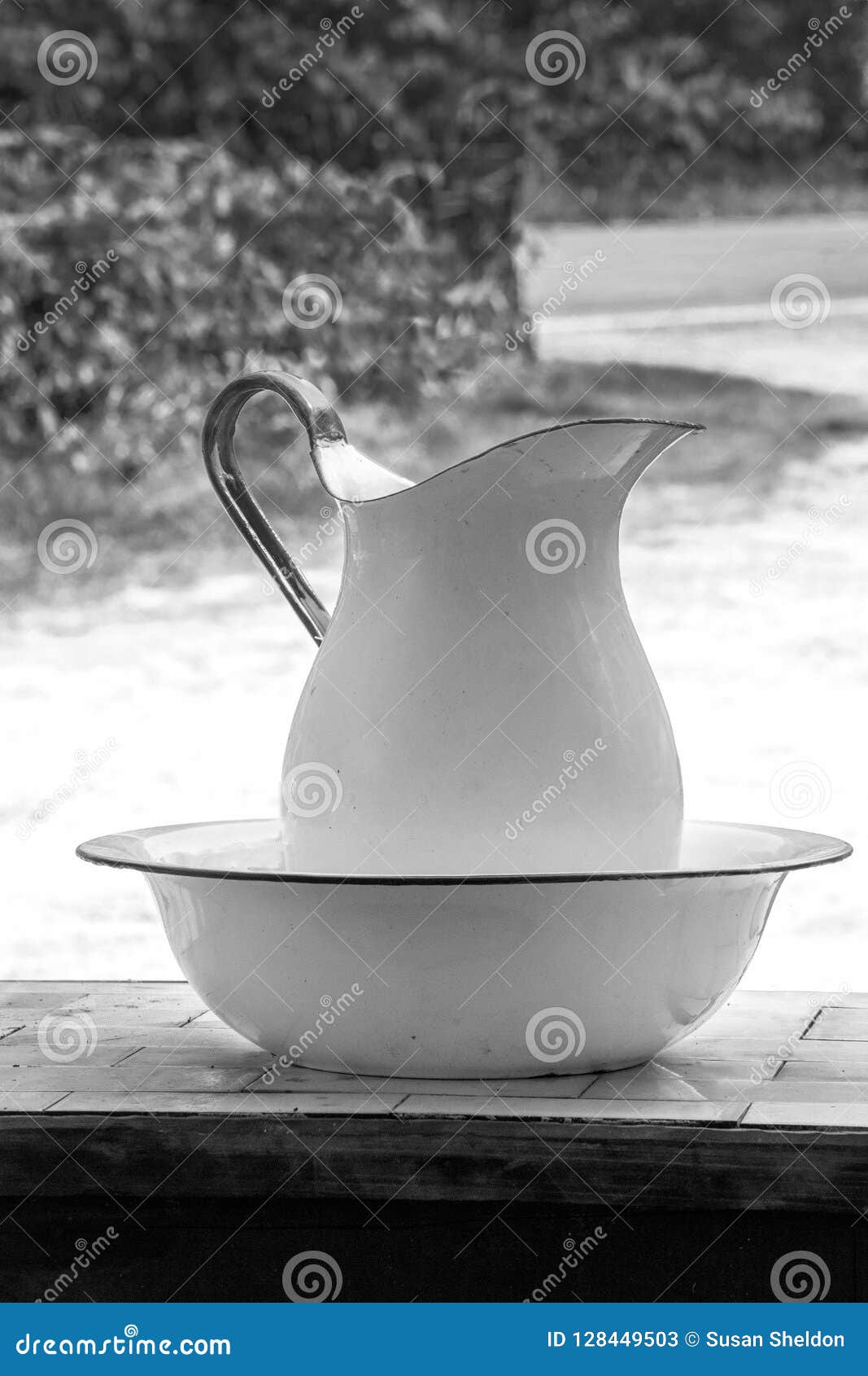Vintage Pitcher and Bowl on an Outdoor Table Stock Image - Image of ...