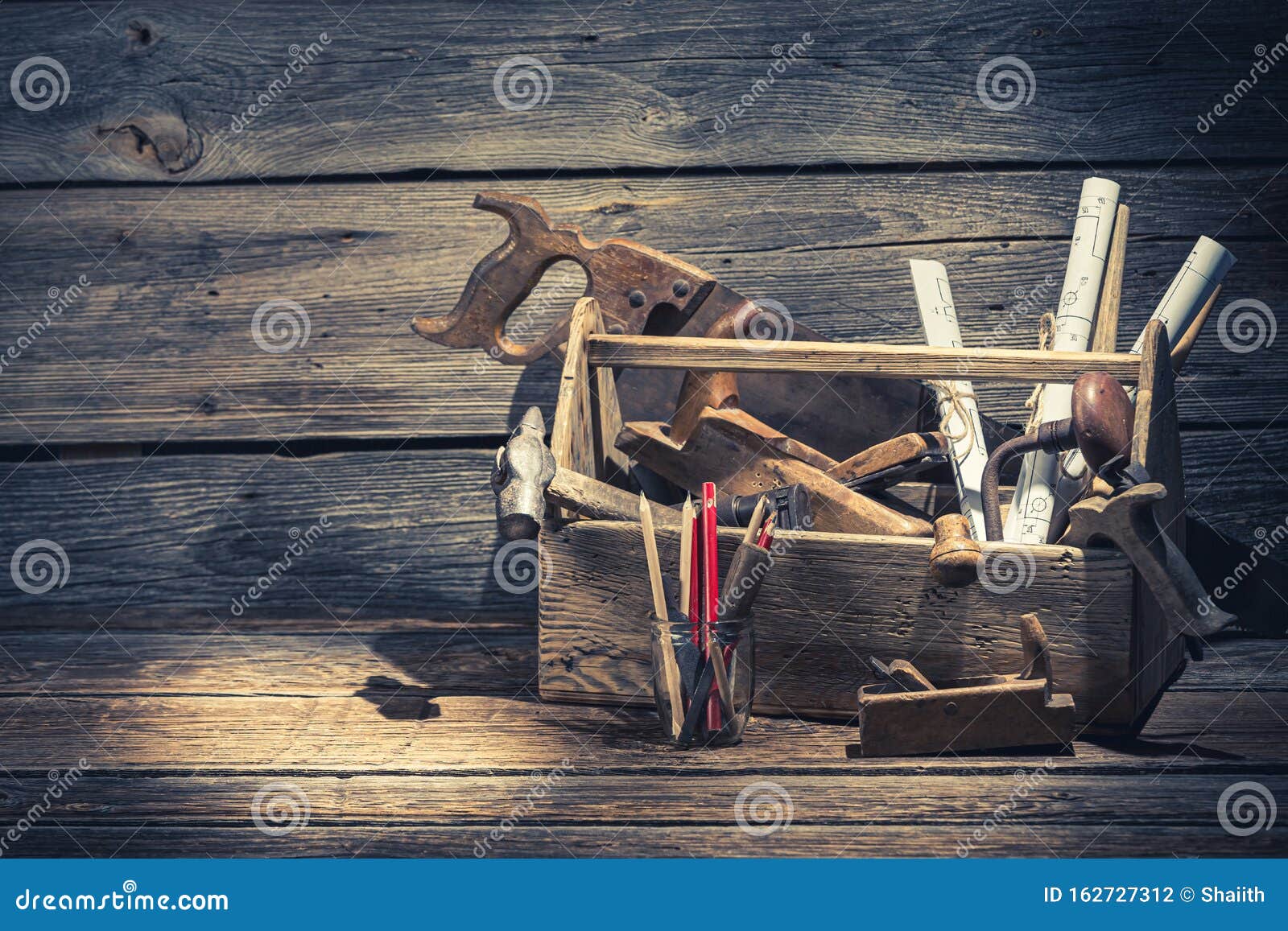 Vintage Place of Carpenters Work in Rustic Wooden Shed Stock Photo ...