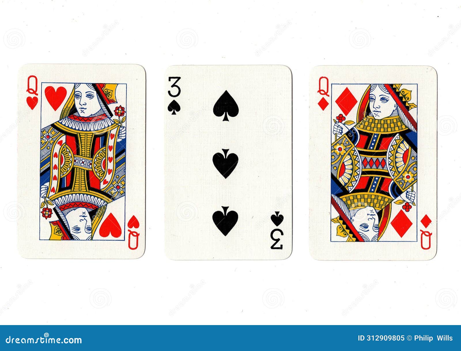 Vintage Playing Cards Showing a Pair of Queens and a Three. Stock ...