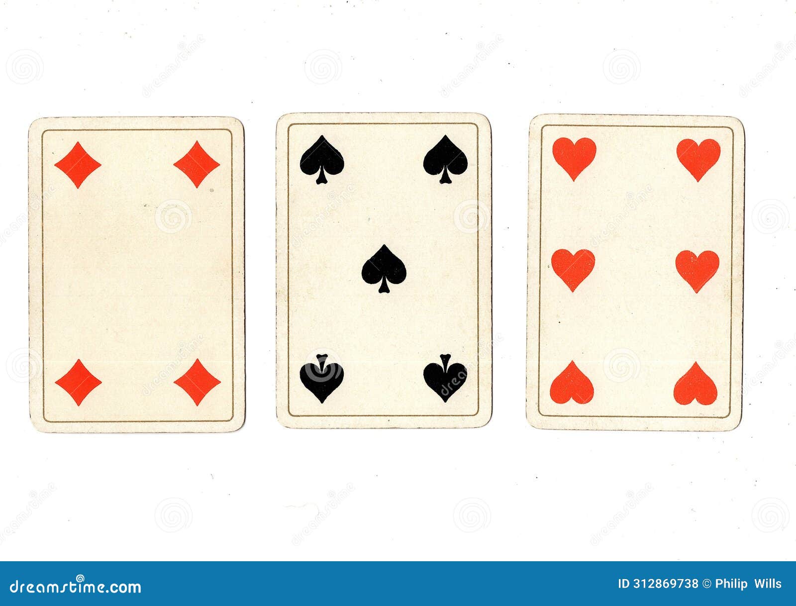 Vintage Playing Cards Showing a Three Card in Different Suits. Stock ...