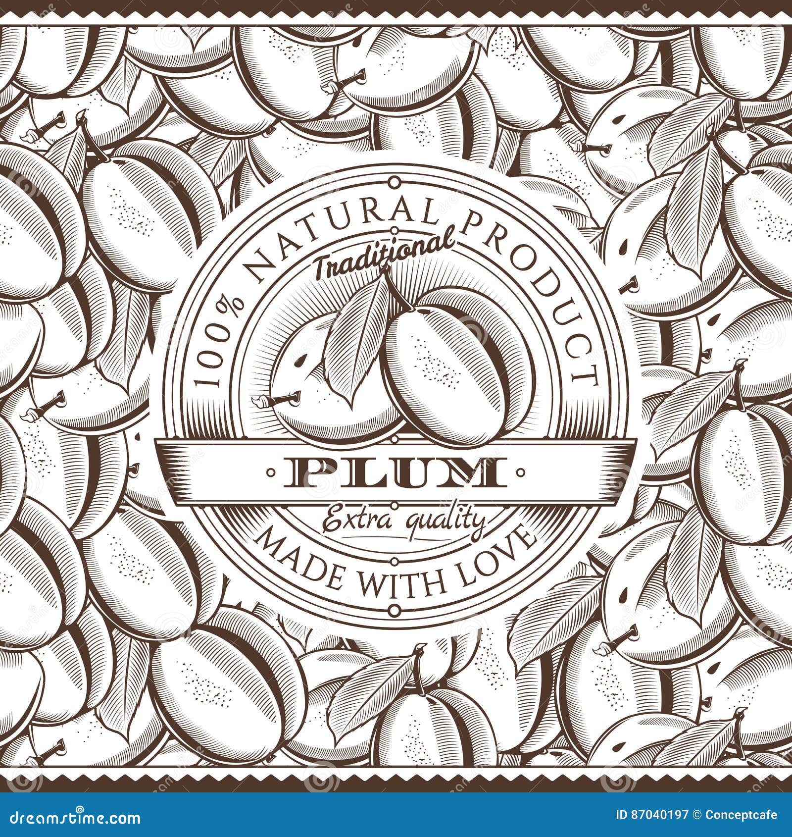 Vintage Plum Label on Seamless Pattern Stock Vector - Illustration of ...
