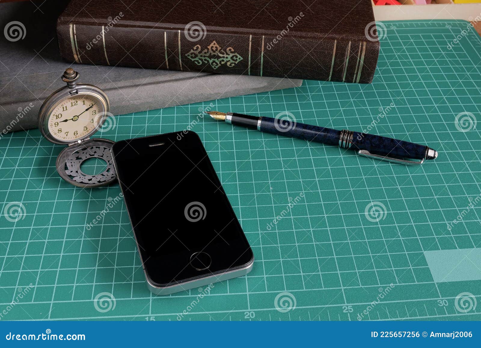 Vintage Pocket Watch with Cell Phone and a Business Tool. Stock Photo ...