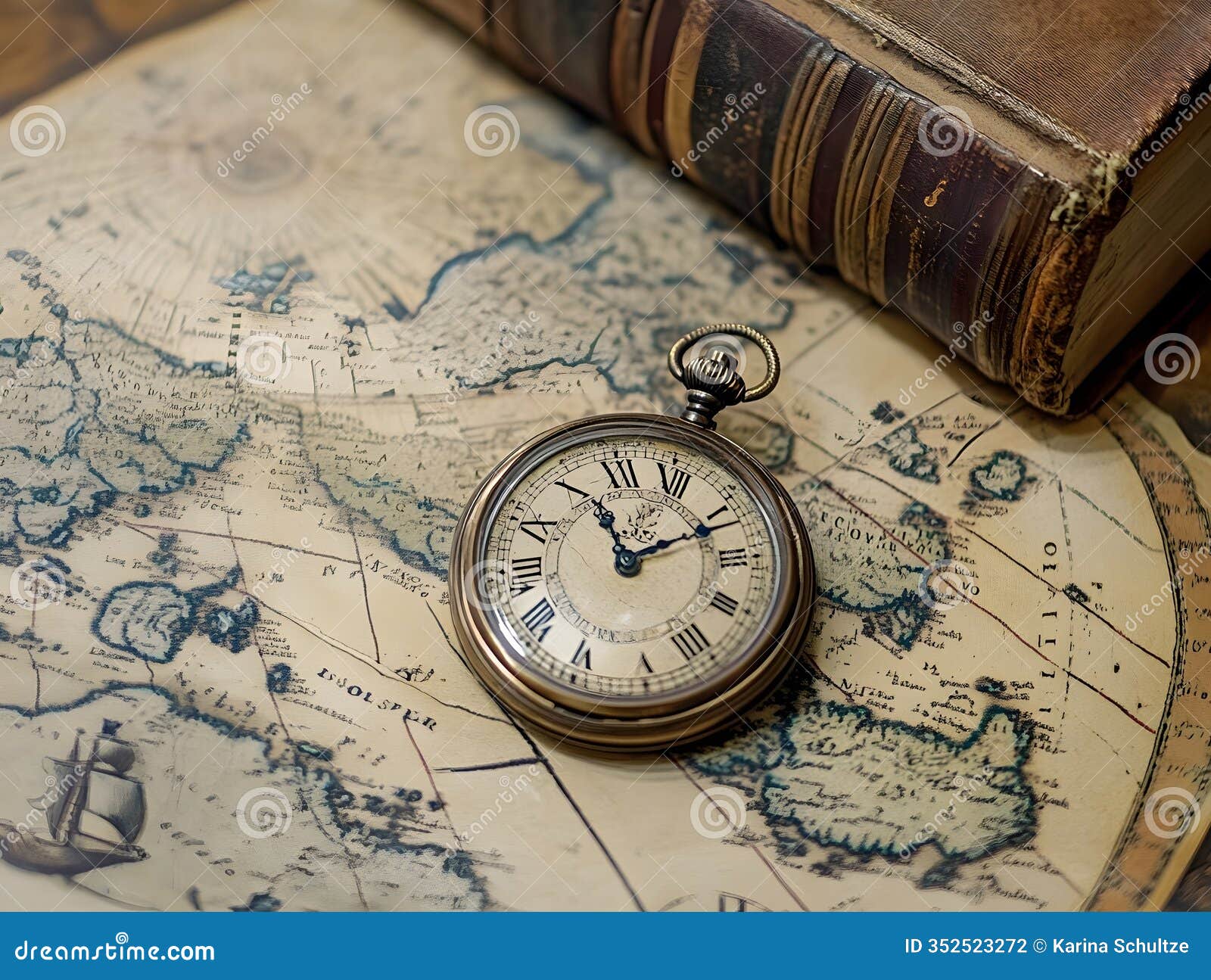 Vintage Pocket Watch Clock on Ancient Map Stock Illustration ...