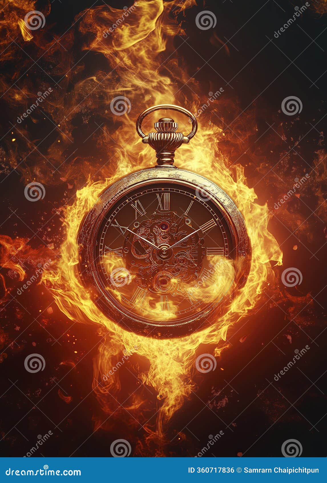 Vintage Pocket Watch Surrounded by Flames, Symbolizing Time and Passion ...
