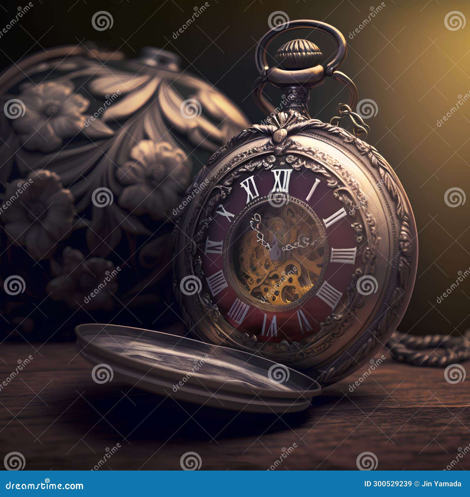 Vintage Pocket Watch on Wooden Table. 3d Render Stock Illustration ...