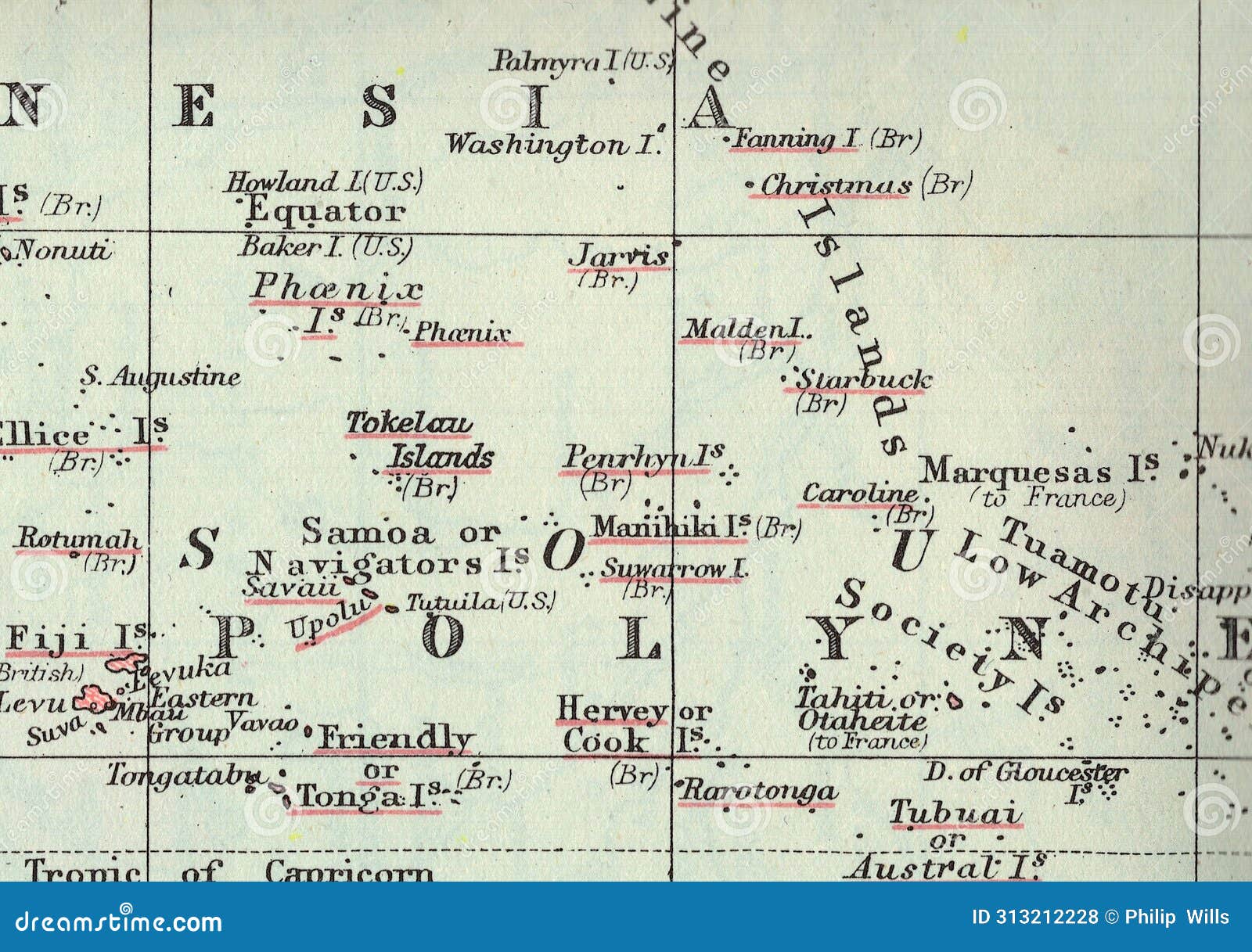 A Vintage Political Map Showing Polynesia in Sepia. Stock Illustration ...