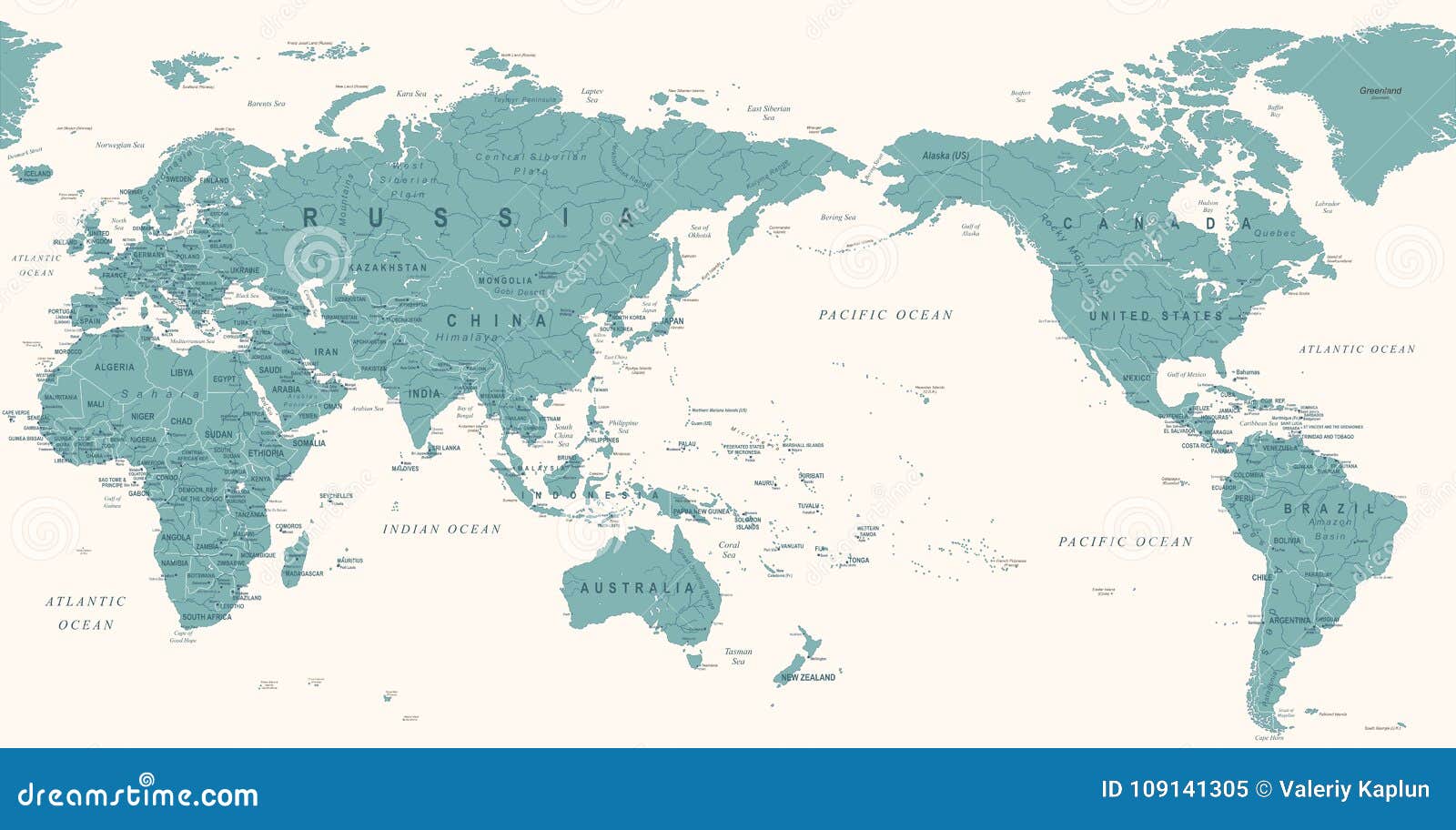 Vintage Political World Map Pacific Centered Stock Illustration ...