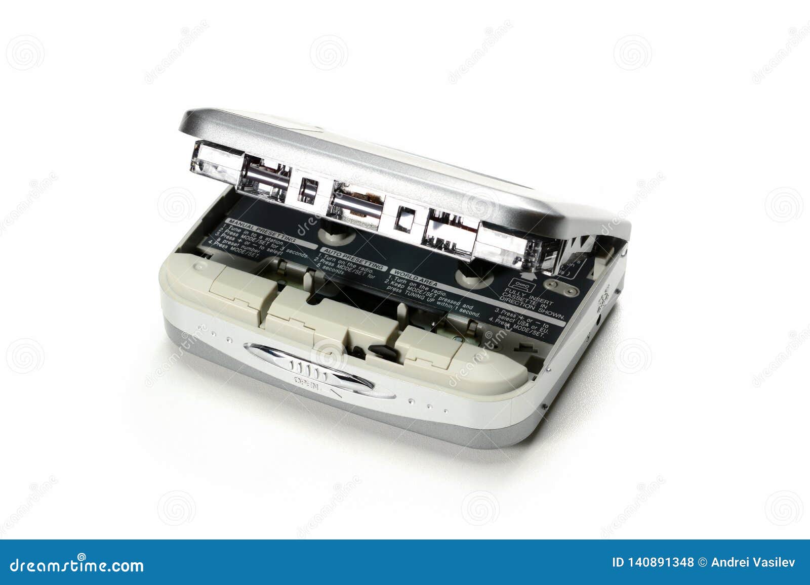 Vintage Portable Audio Tape Compact Cassette Player with Lid Open and ...