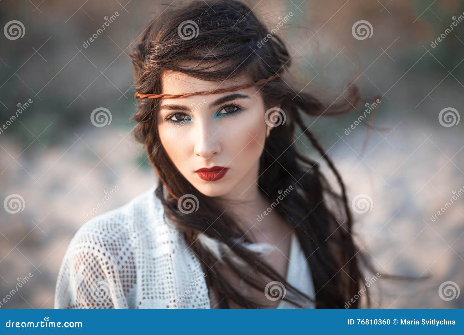 Vintage Portrain of Beautiful Boho Woman Looking at Camera. Stock Photo ...
