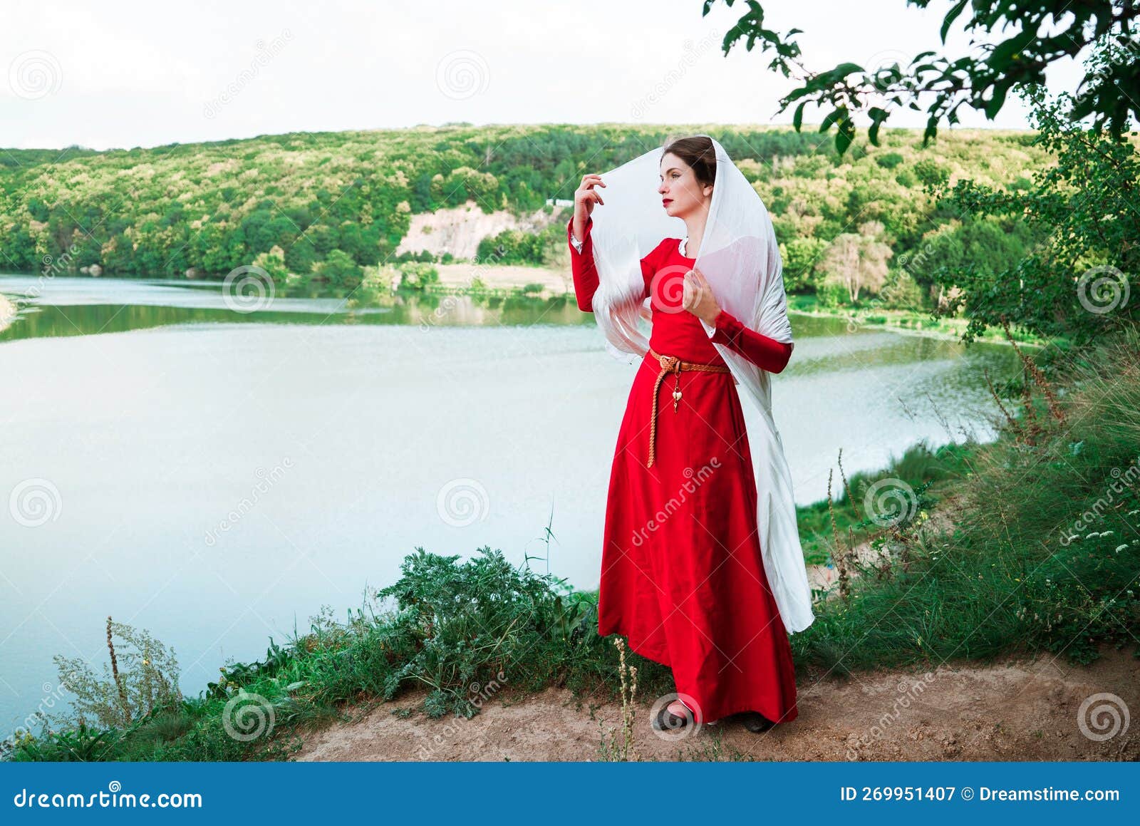 Vintage Portrait Of A Beautiful Noble Lady In A Red Dress Near The River 4 Stock Image Image