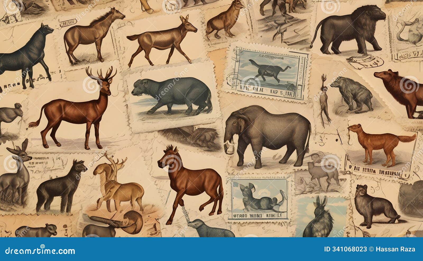 Vintage Postage Stamp Pattern Animal Paper with Generative Ai Stock ...