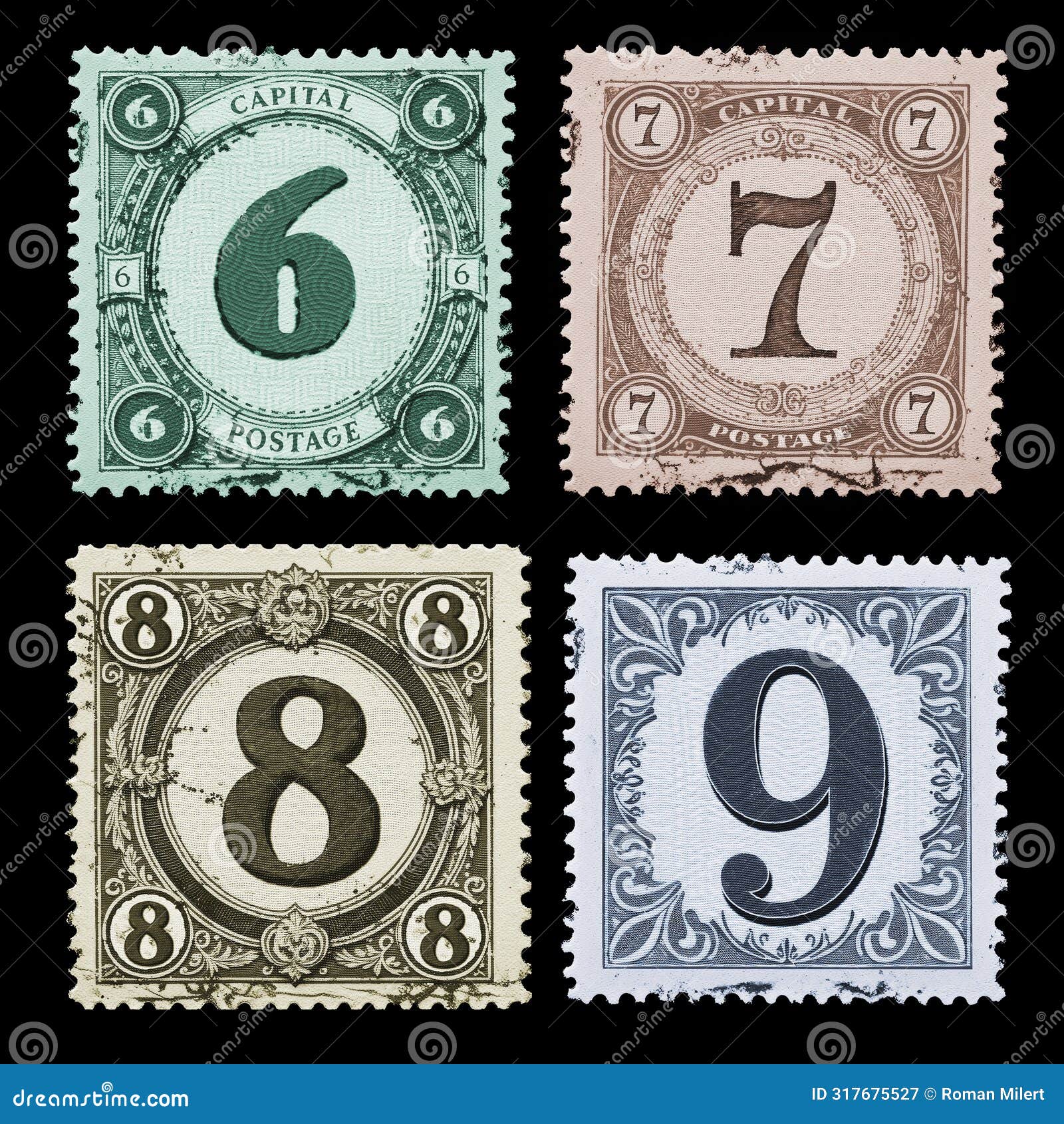 Vintage Postal Stamp Alphabet with Capital Letters and Digits - Digits ...