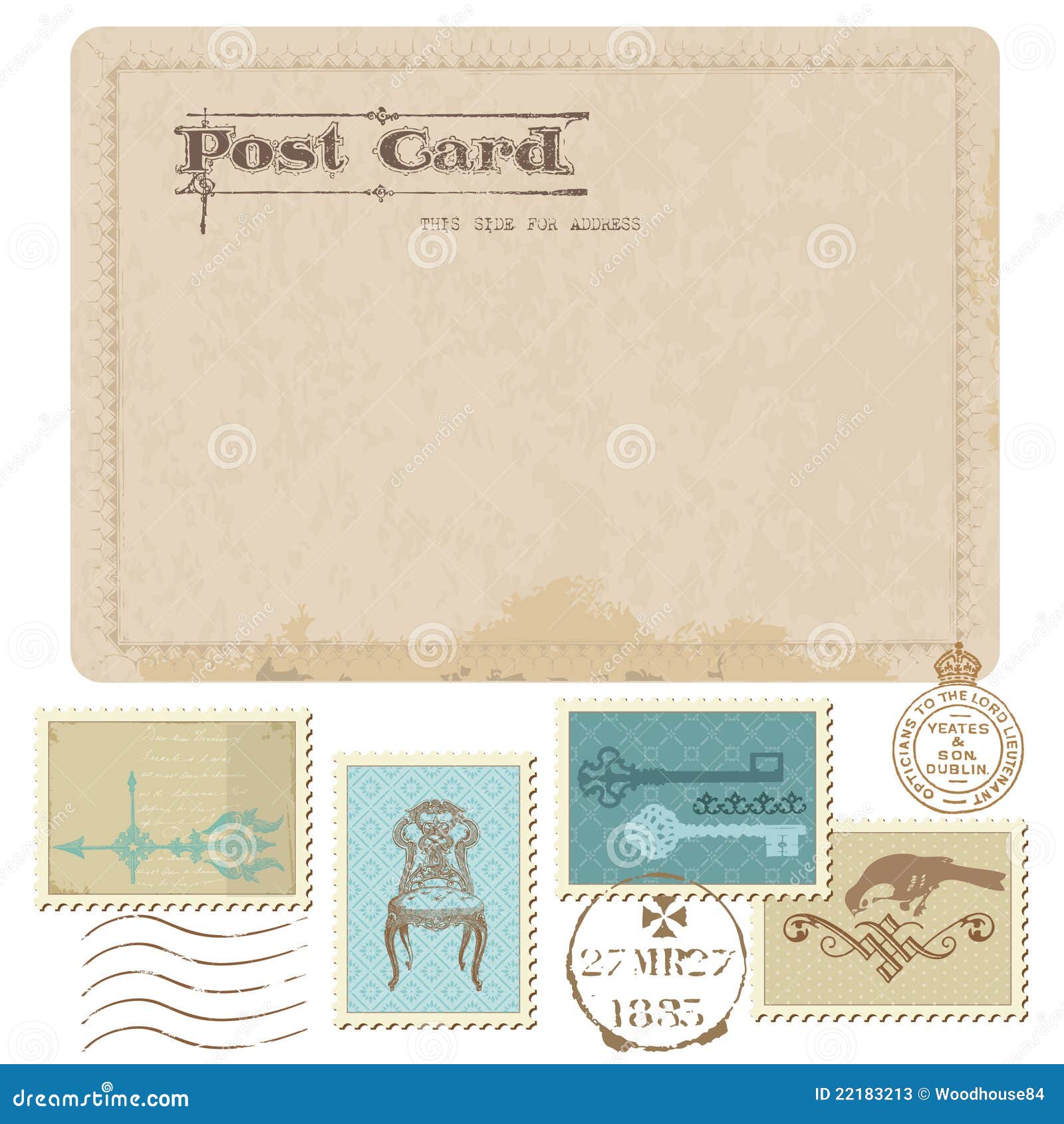 Vintage Postcard and Postage Stamps Stock Illustration - Illustration ...