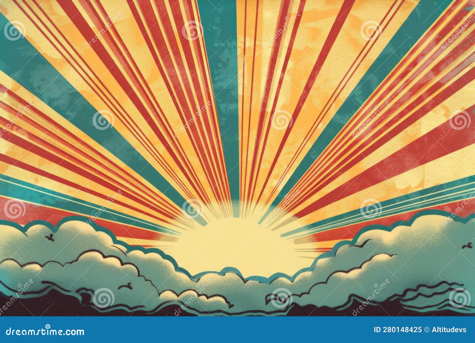 Vintage Poster of a Psychedelic Sunrise, with Rays of Light Shining ...