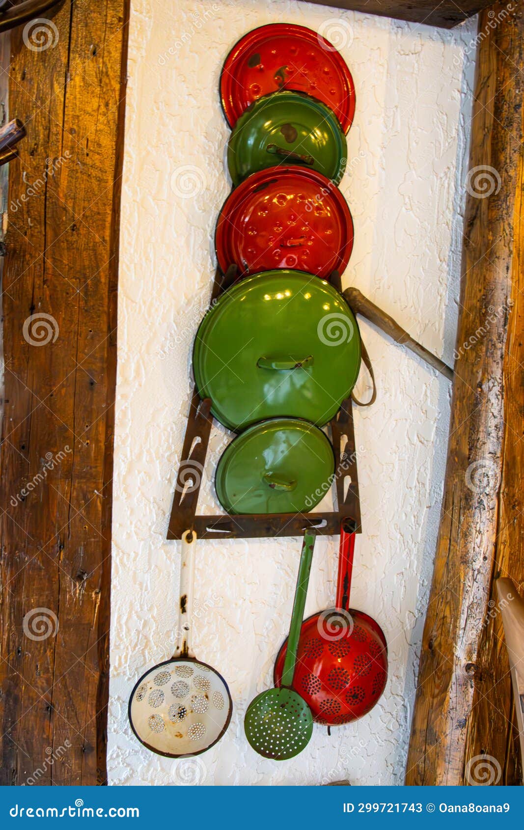Vintage Pot Lids and Colanders Stock Image - Image of enamel, dishes ...