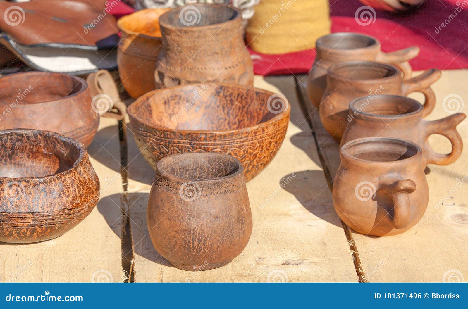 Vintage Pottery on Wooden Surface. Stock Photo - Image of handmade ...