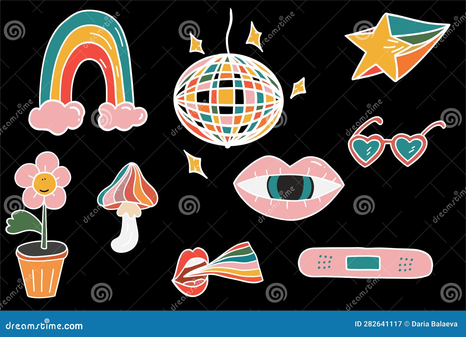 Vintage Psychedelic Icons Hand Drawn Set Stock Vector - Illustration of ...
