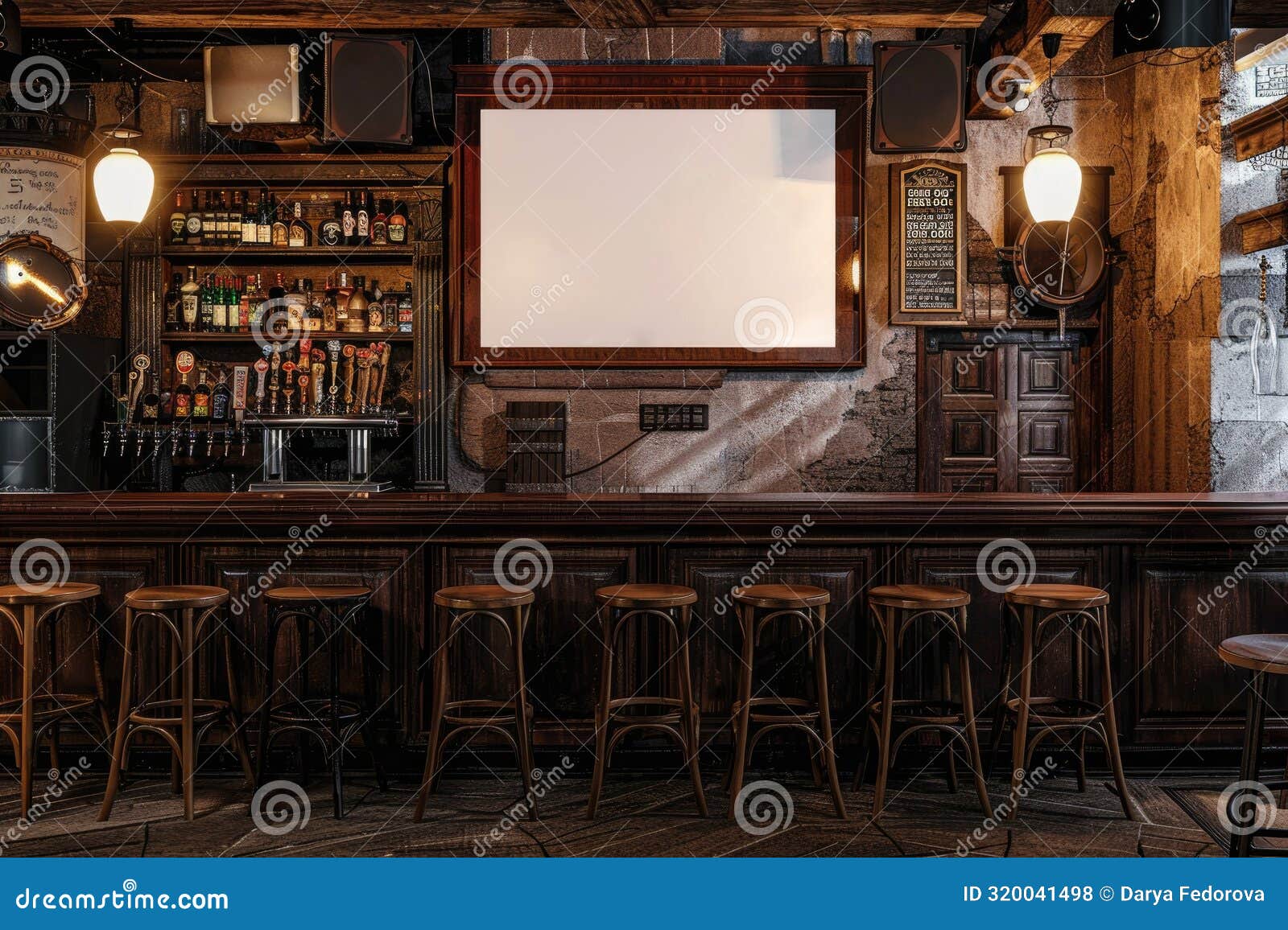 Vintage Pub Interior with Wooden Bar Counter and Blank Screen Stock ...