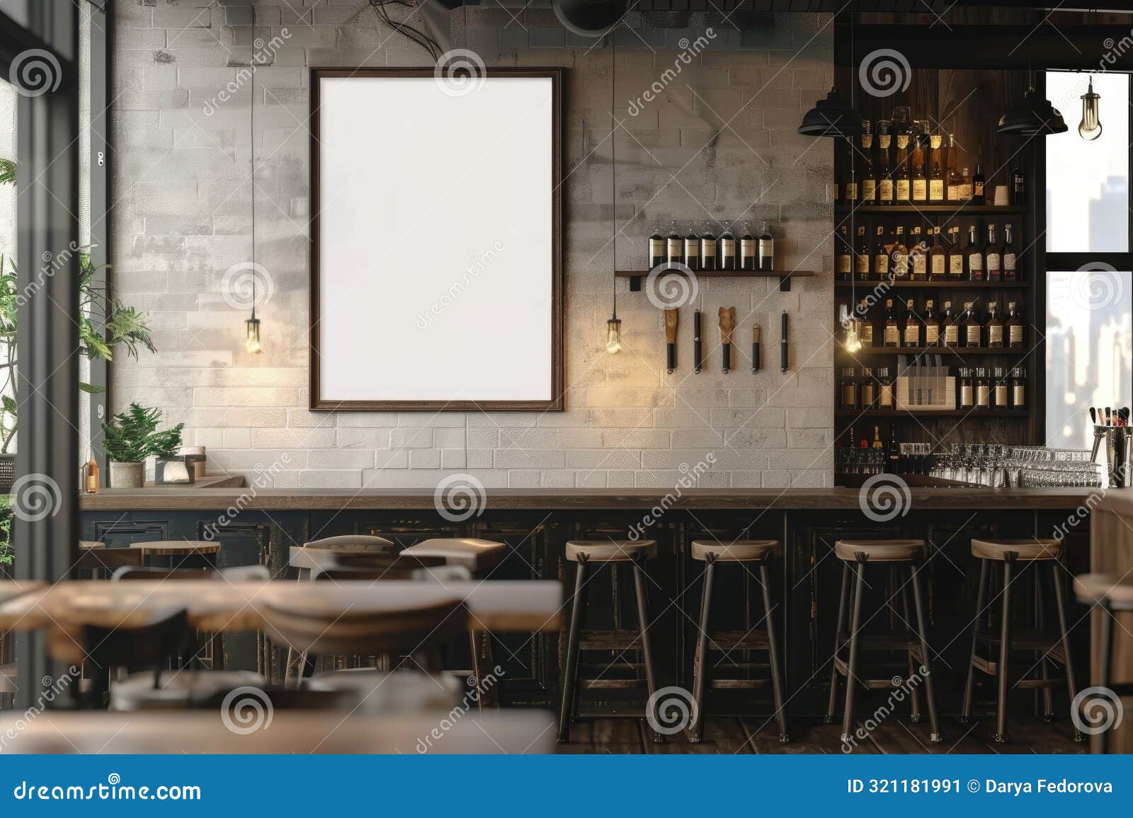 Vintage Pub Interior with Wooden Bar Counter and Blank Screen Stock ...