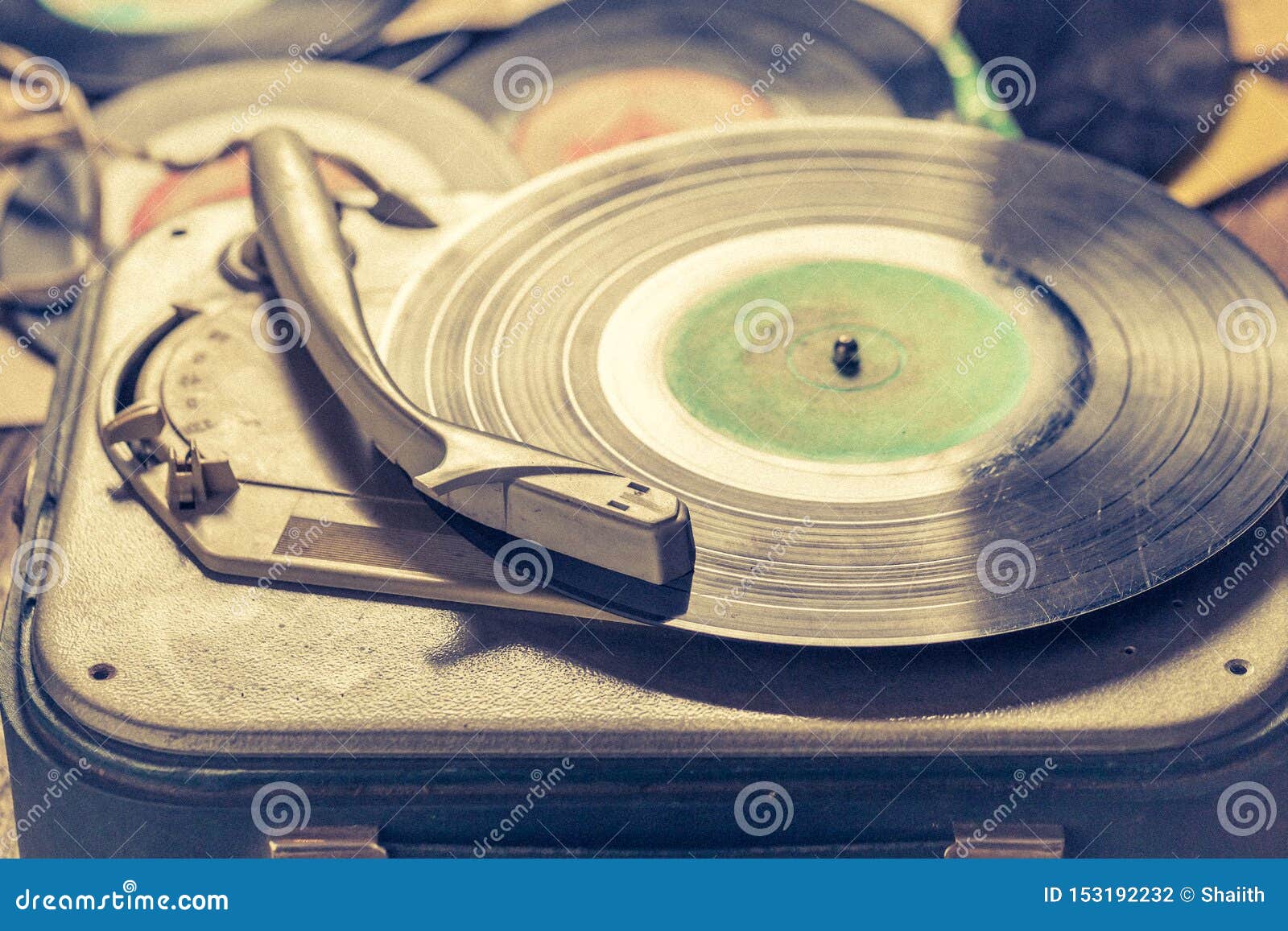 Vintage Record Player and Old Scratched Vinyl Records Stock Photo ...