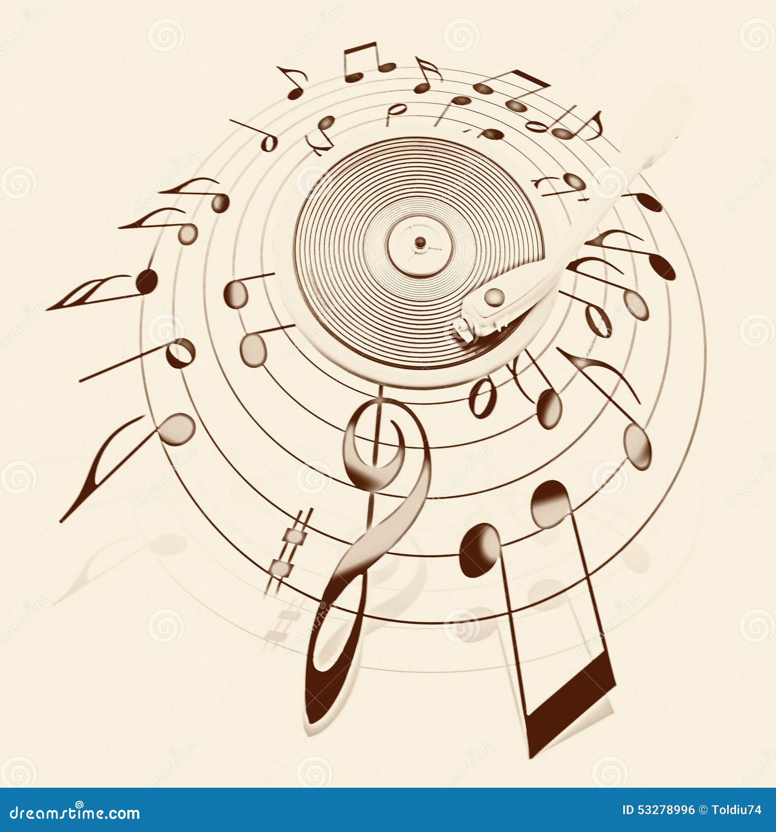 Vintage Record Player Surrounded by Musical Notes Stock Photo - Image ...