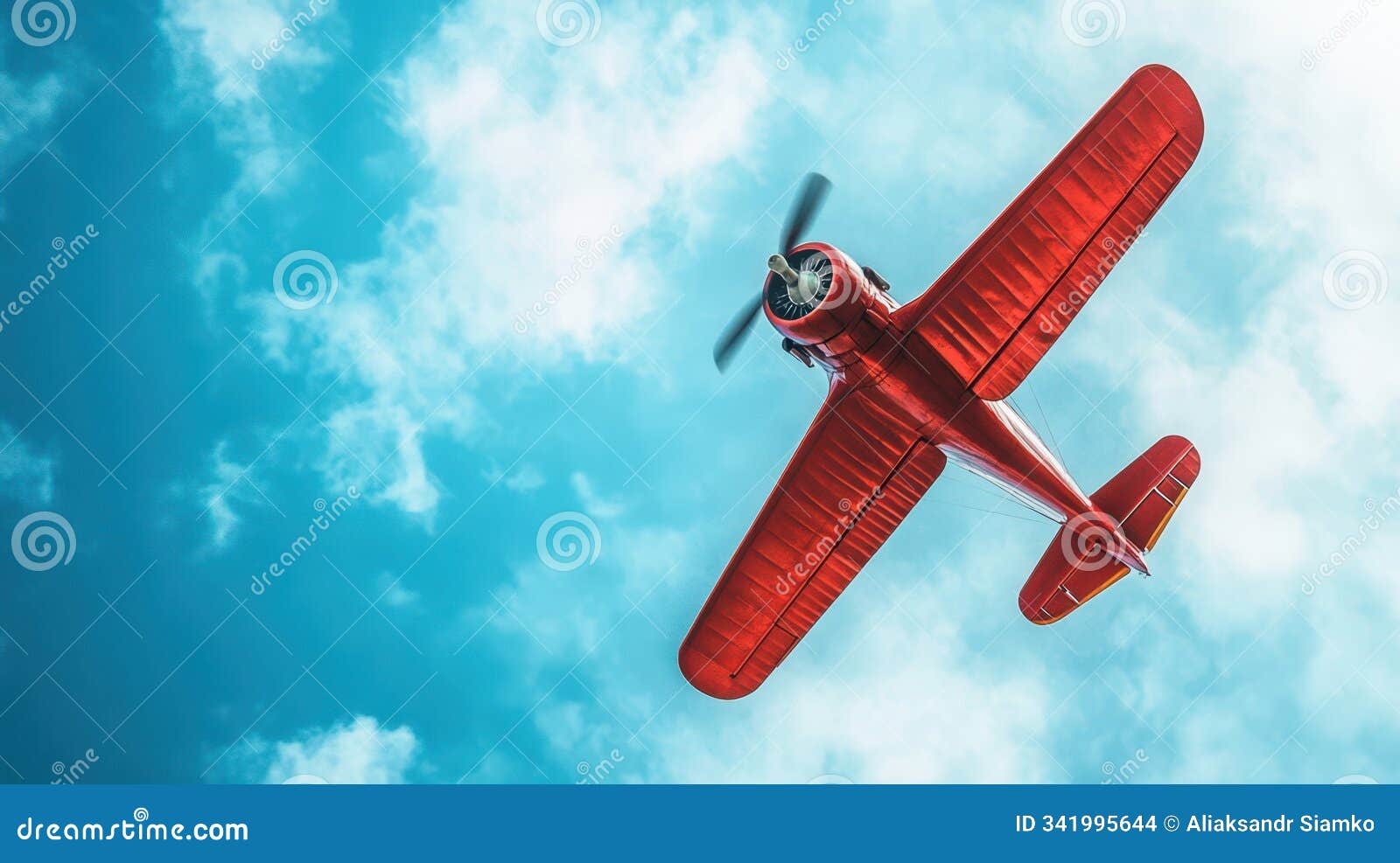 Vintage Red Airplane Soaring through Bright Blue Sky Stock Illustration ...