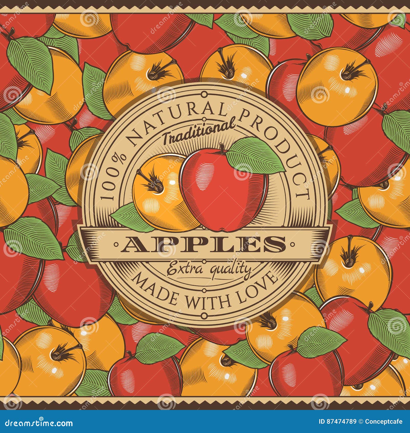 Vintage Red Apple Label on Seamless Pattern Stock Vector - Illustration ...