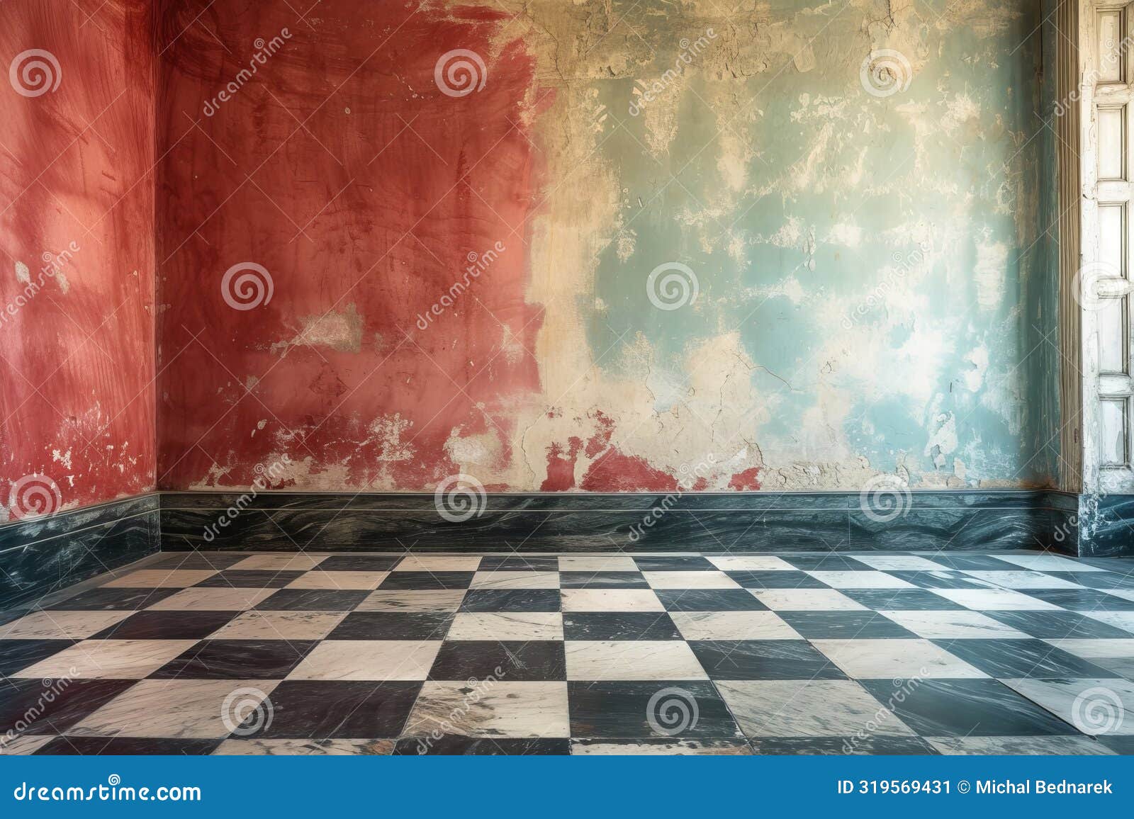 Vintage Red and Blue Checkerboard Floor with Distressed Walls Stock ...