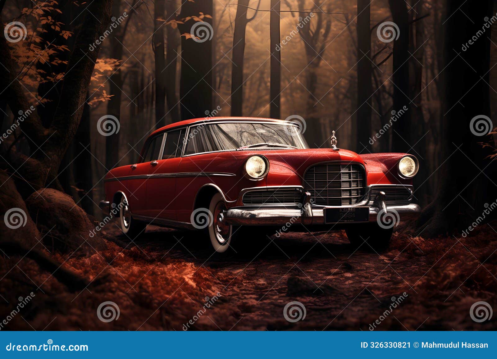 Vintage Red Car on the City Road Stock Illustration - Illustration of ...