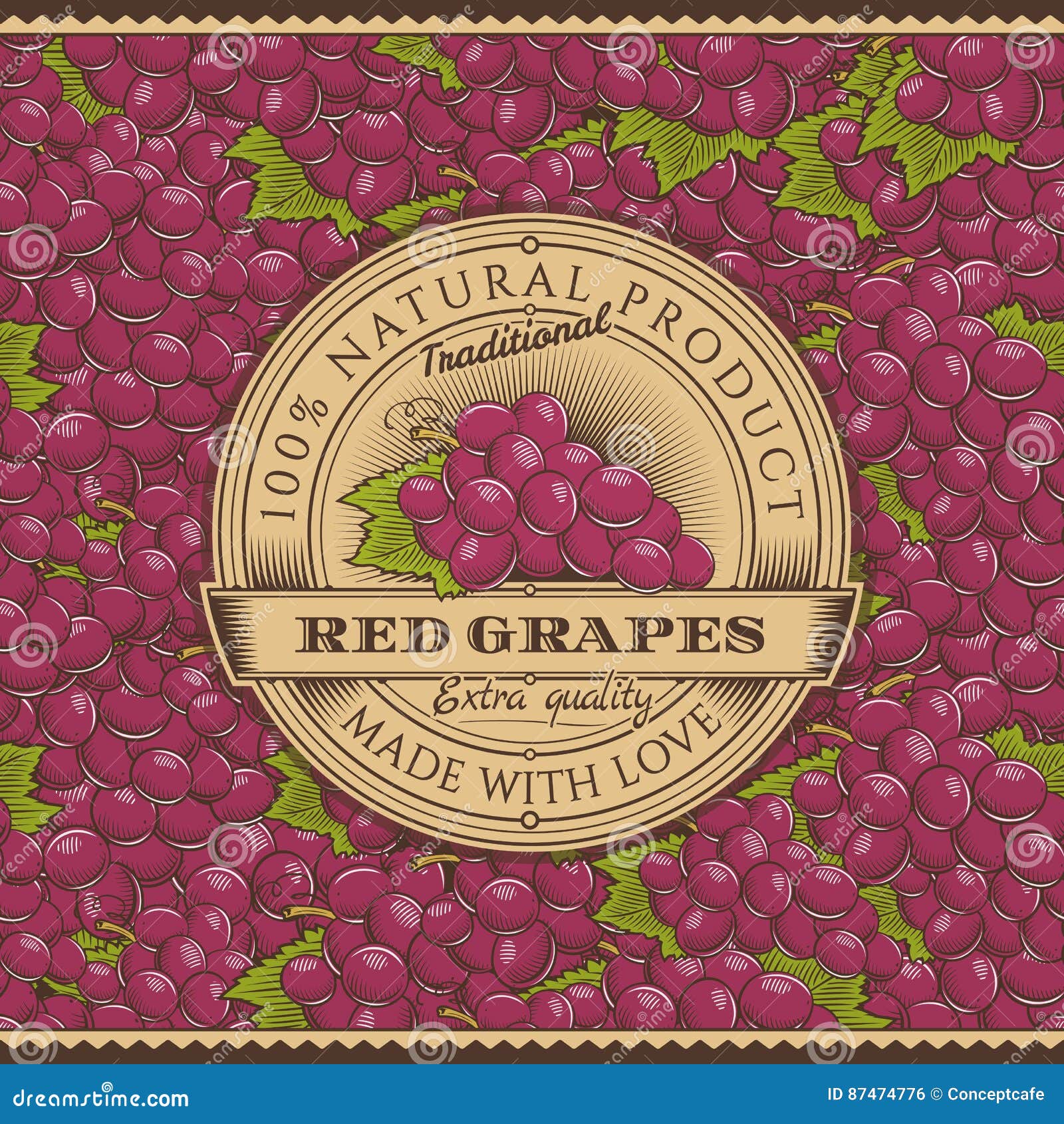 Vintage Red Grapes Label on Seamless Pattern Stock Vector ...