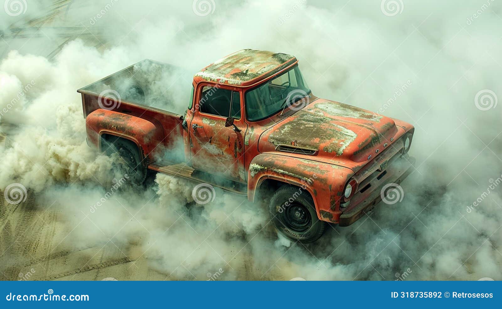 Old Red Pickup Truck Creates a Dramatic Scene Enveloped in a Dense ...