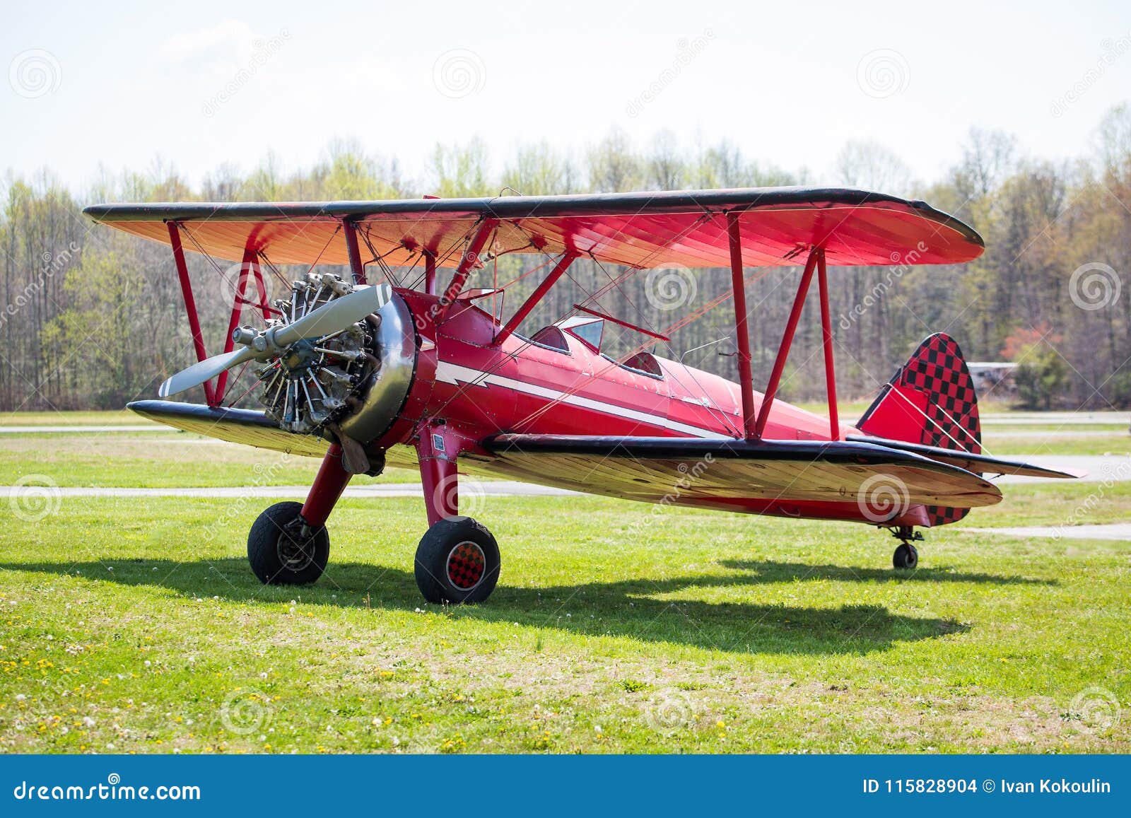 Vintage Red Plane Ready To Fly on the Field Stock Photo - Image of ...