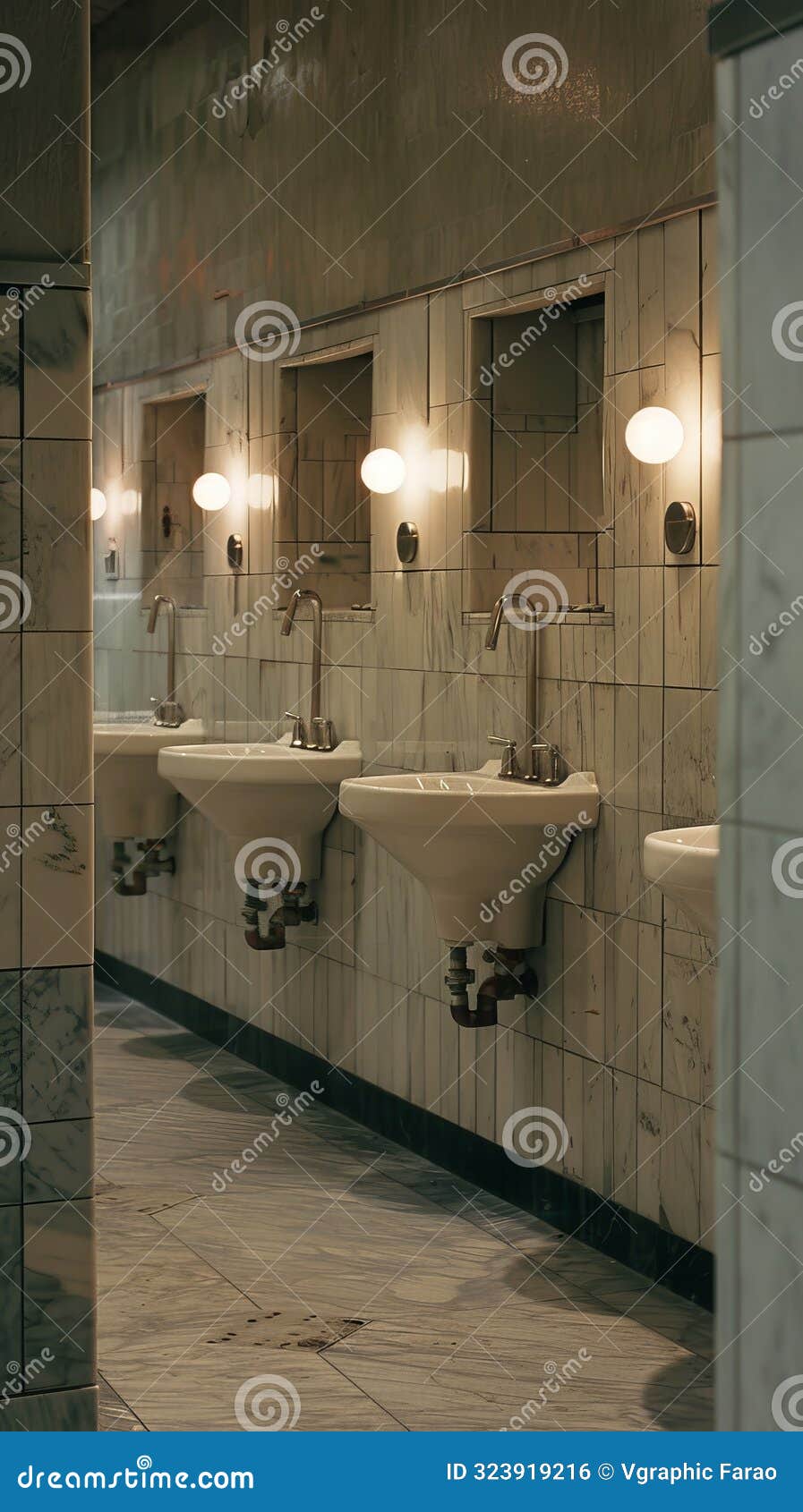 Vintage Restroom with White Ceramic Sinks and Round Wall Lights ...