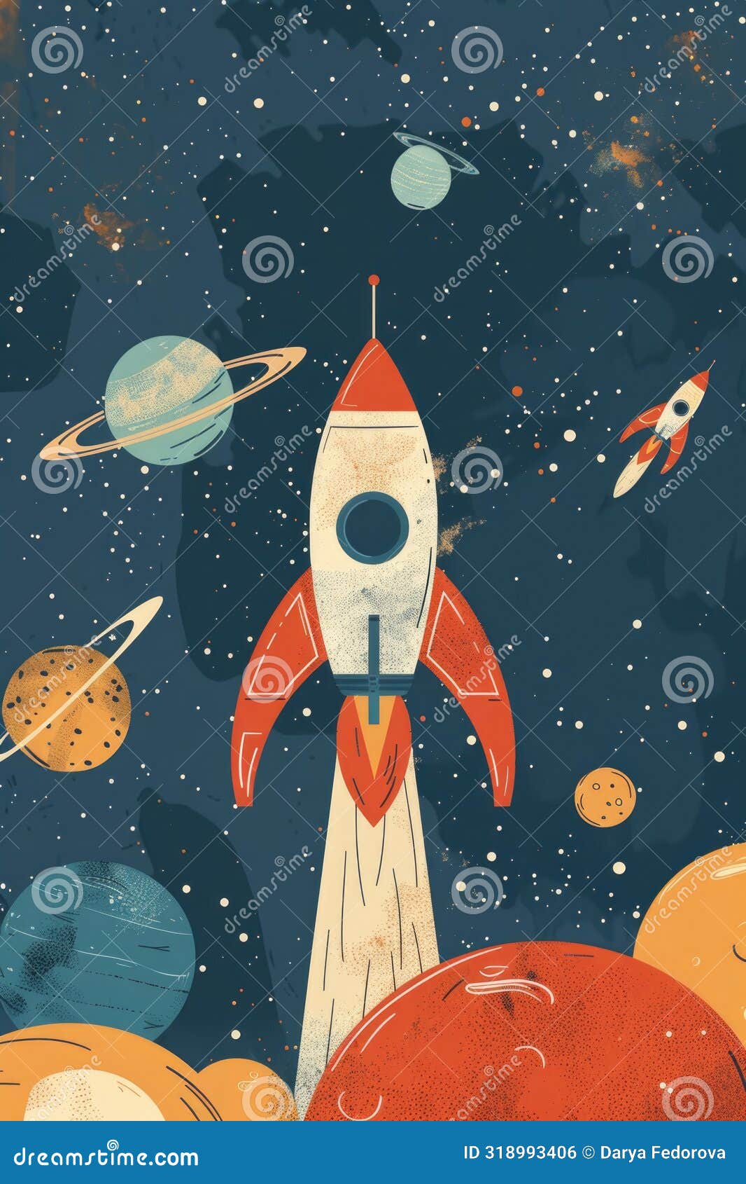 Vintage Rocket Launch into Colorful Outer Space Illustration Stock ...