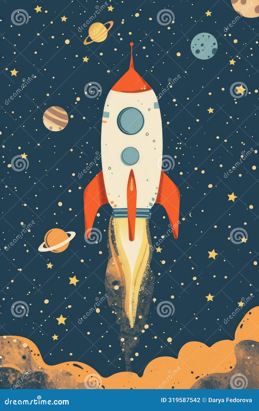 Vintage Rocket Launch into Colorful Outer Space Illustration Stock ...