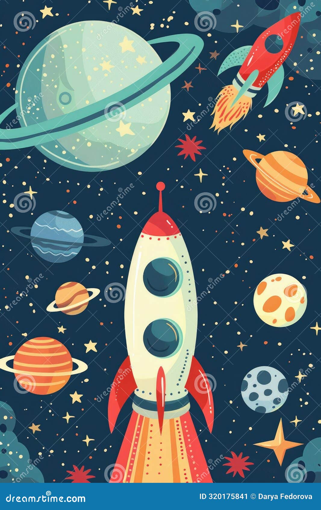 Vintage Rocket Launch into Colorful Outer Space Illustration Stock ...