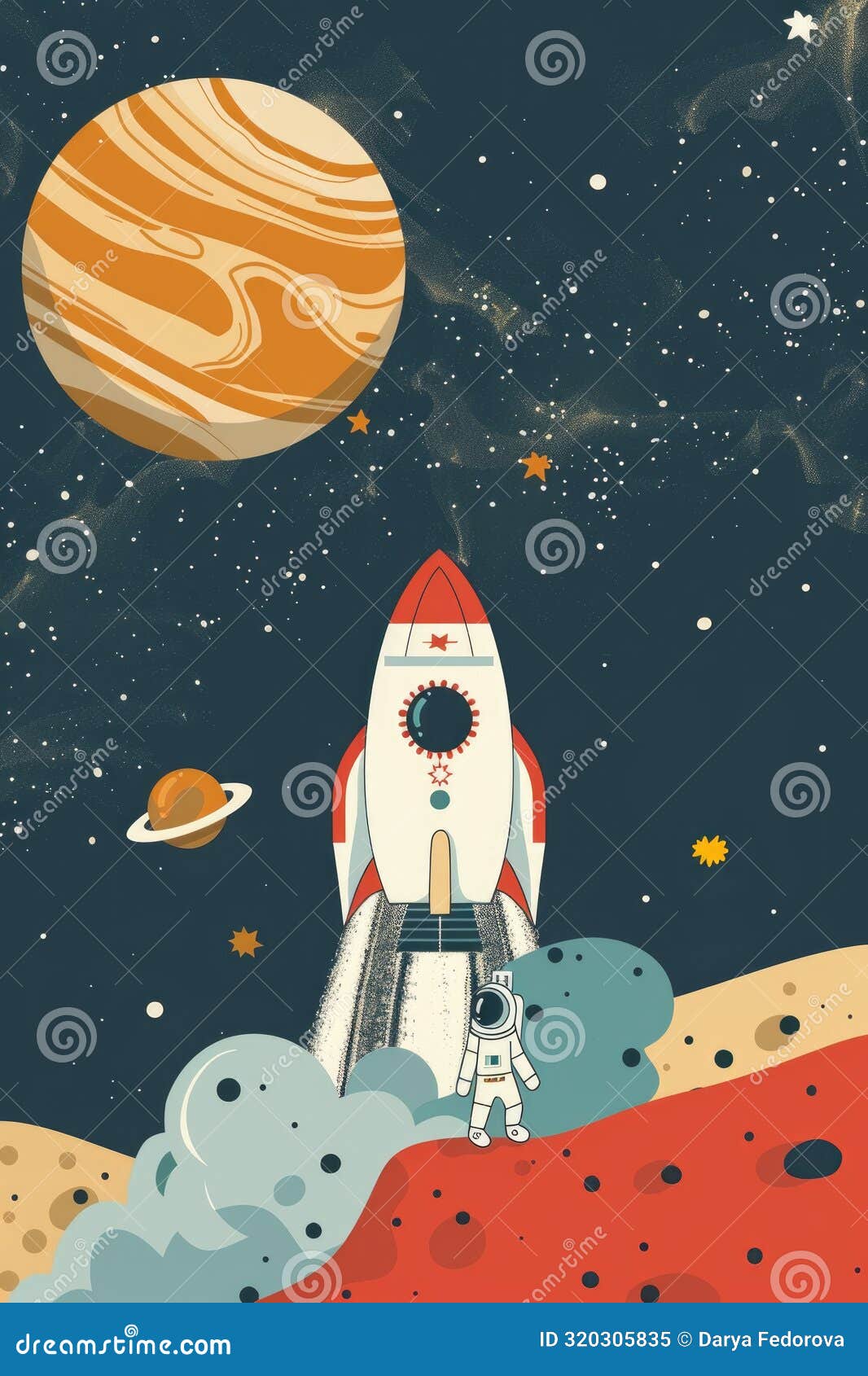 Vintage Rocket Launch into Colorful Outer Space Illustration Stock ...
