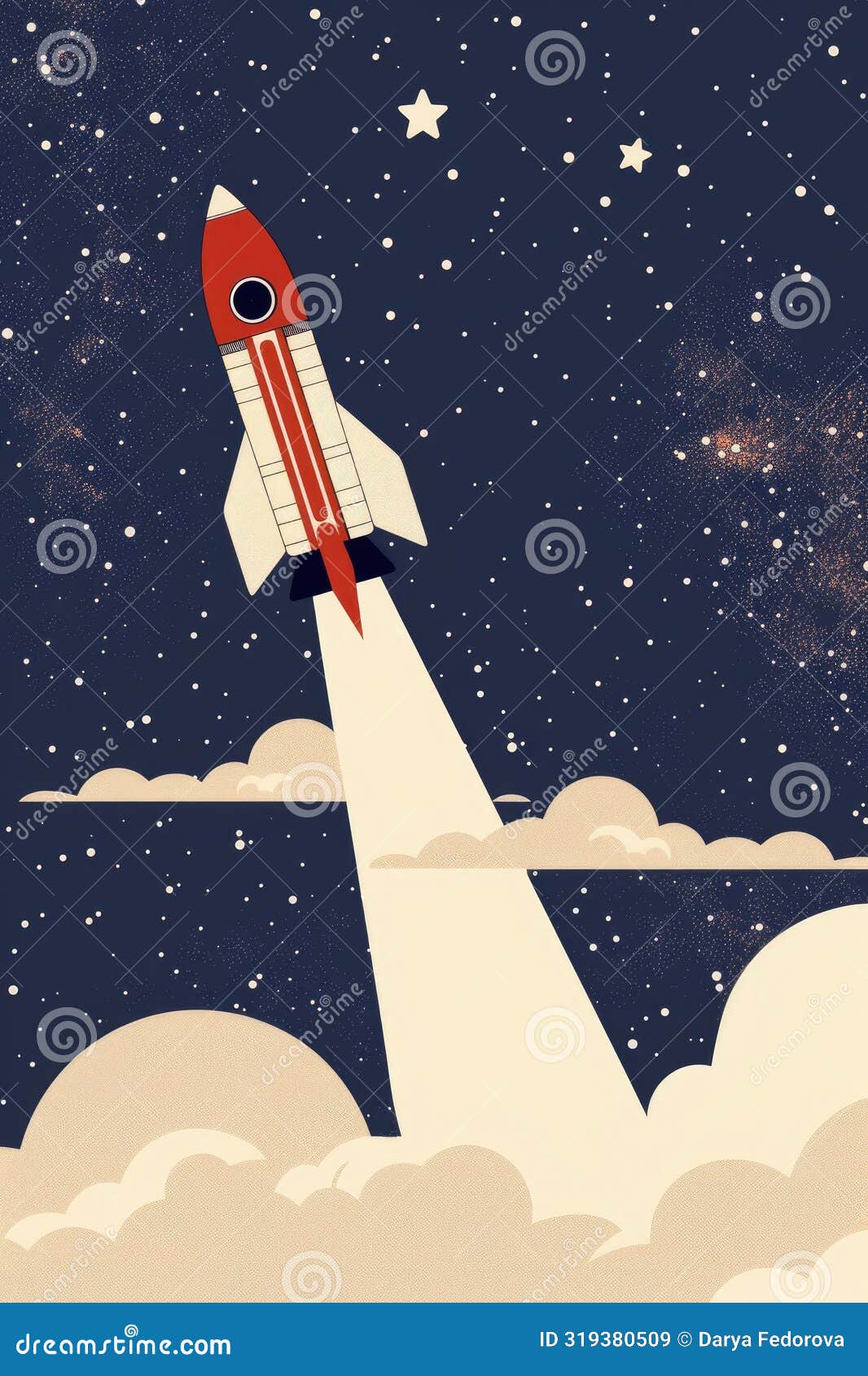 Vintage Rocket Launch into Colorful Outer Space Illustration Stock ...