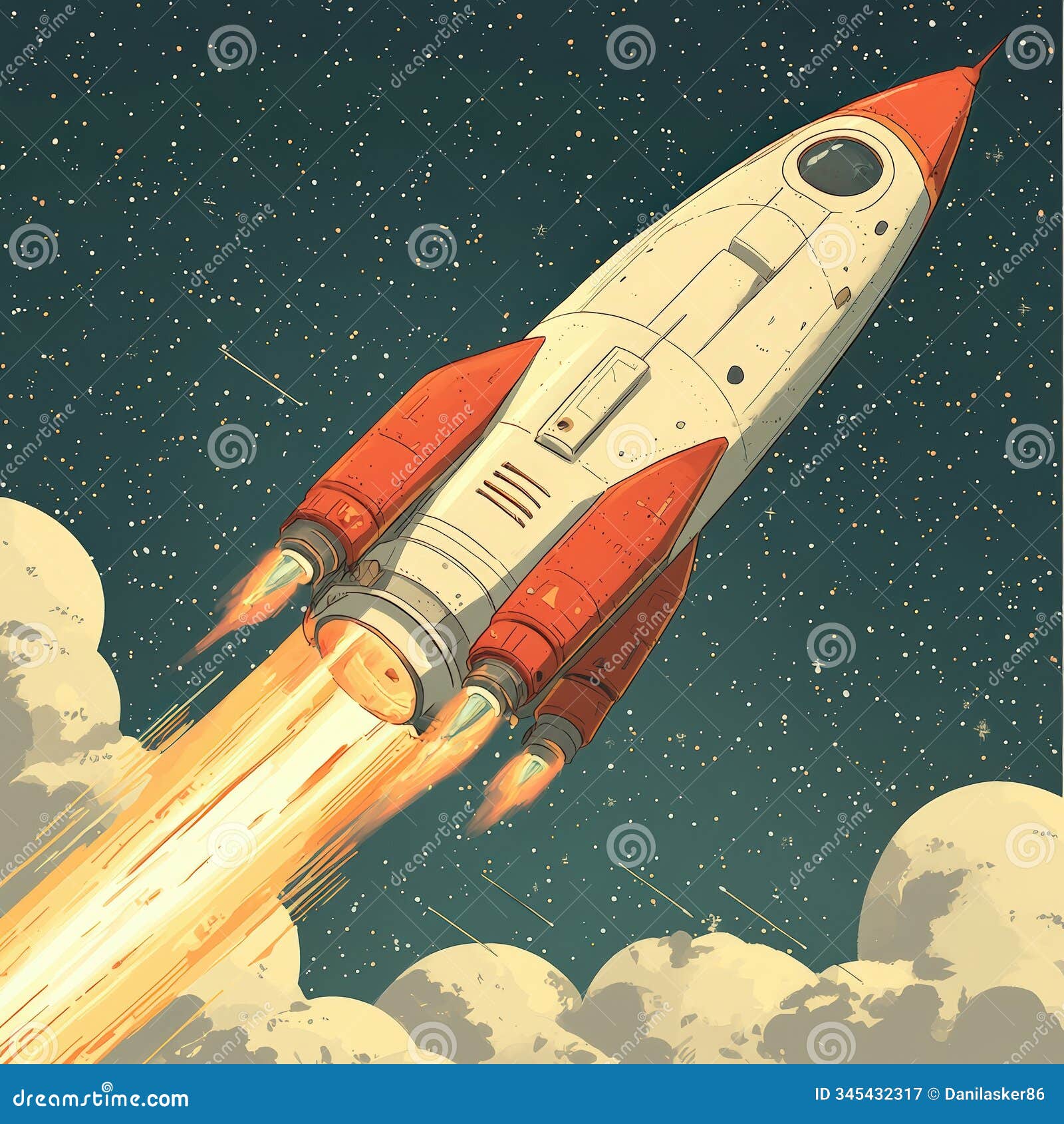 Vintage Rocket Launching into Starry Sky with Comic Style Stock Image ...