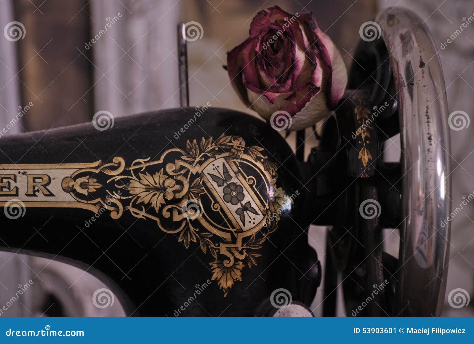 Antique Sewing Machine with Dry Rose Decor Stock Image - Image of ...