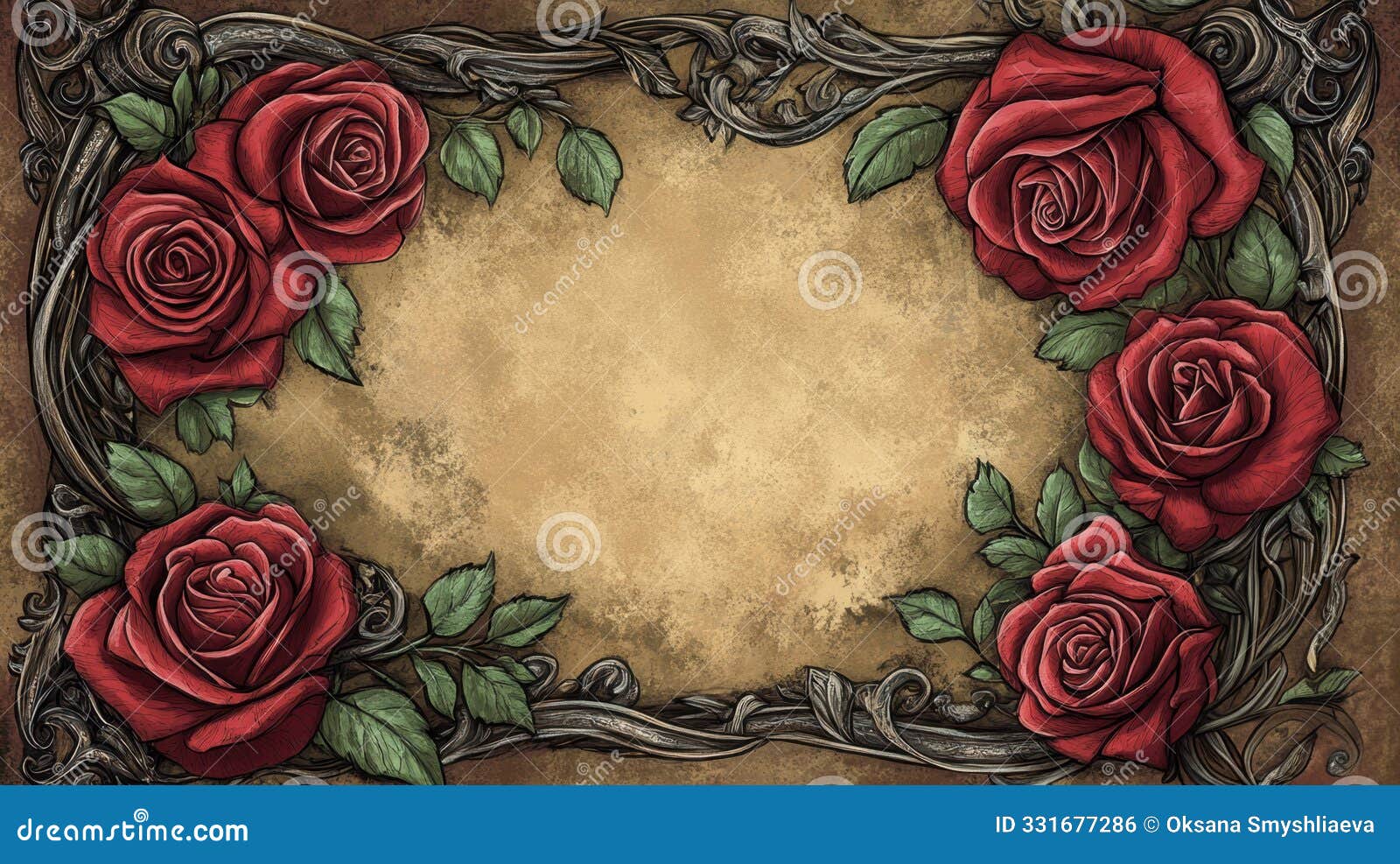 Vintage Rose Frame on Antique Parchment Background Stock Photo - Image ...