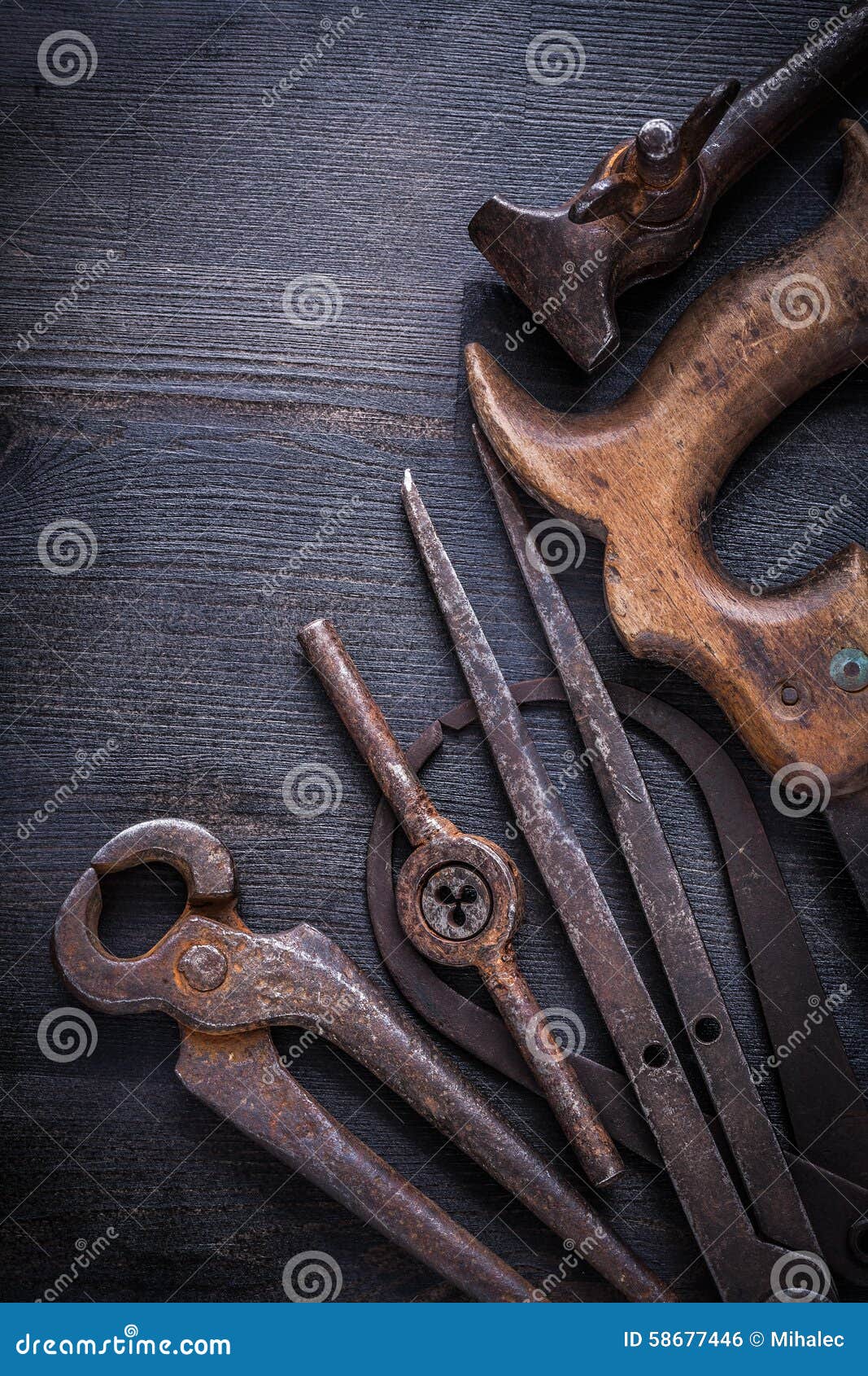 Vintage Rusted Tools on Dark Board Stock Photo - Image of dark ...