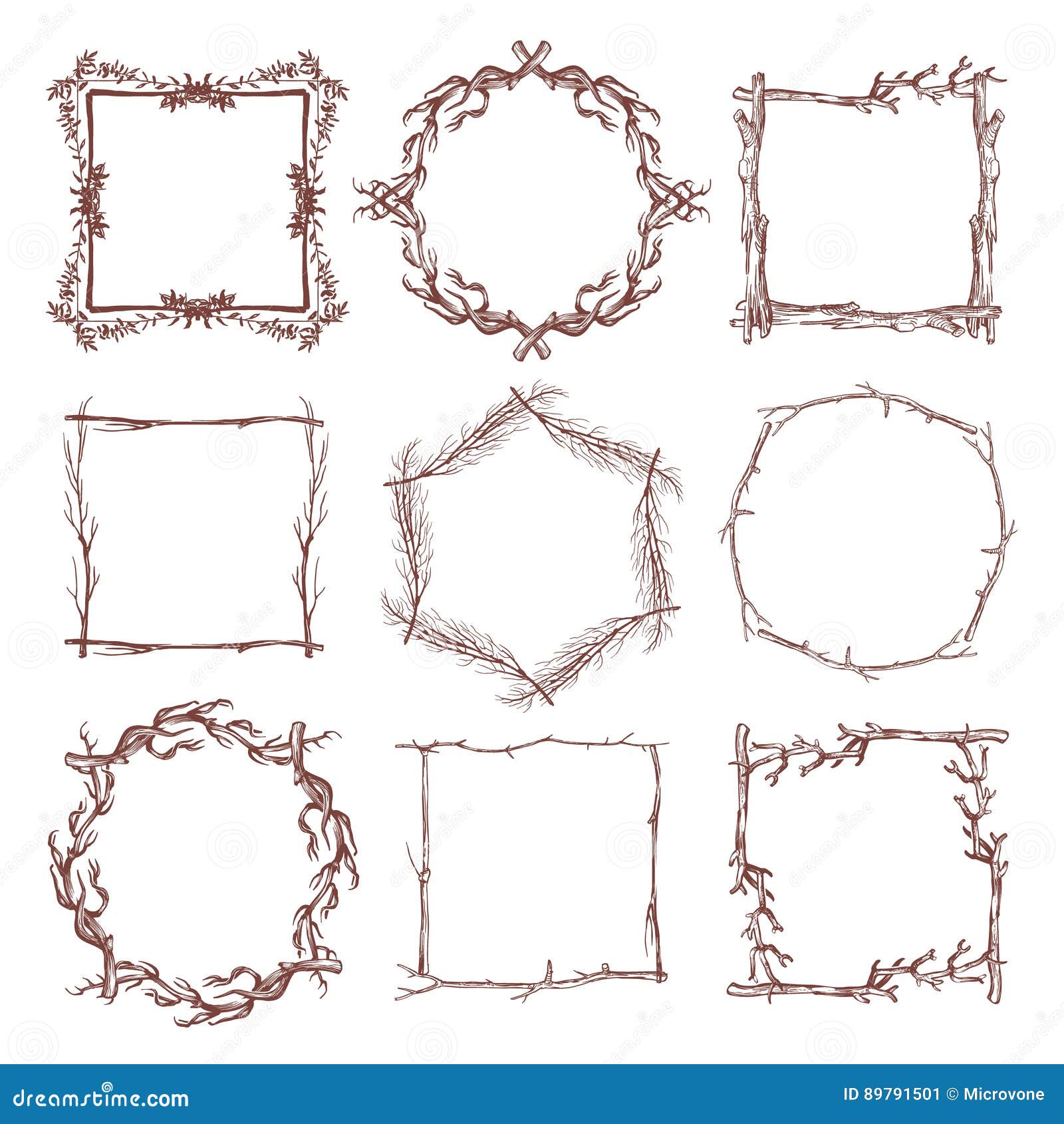 Vintage Rustic Branch Frame Borders, Hand Drawn Vector Set Stock Vector ...