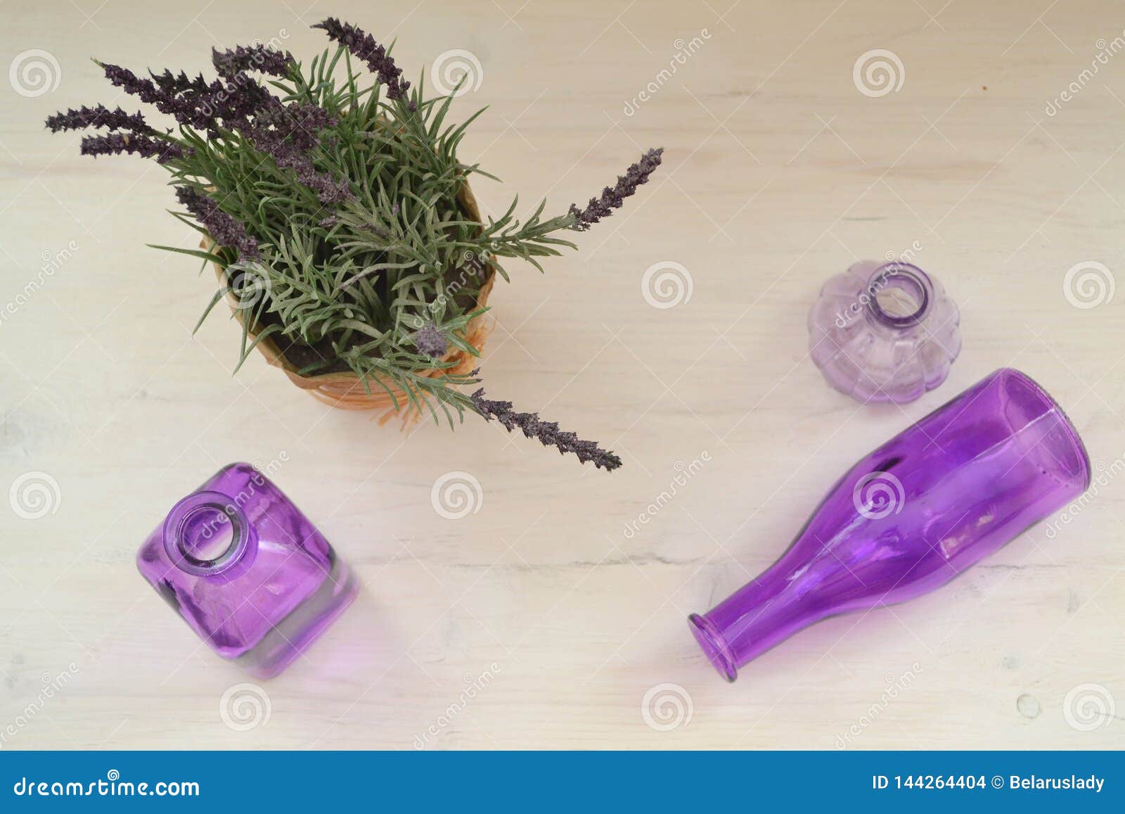 Vintage Rustic Packaging with Lavender and Violet Bottles Flat Top View ...