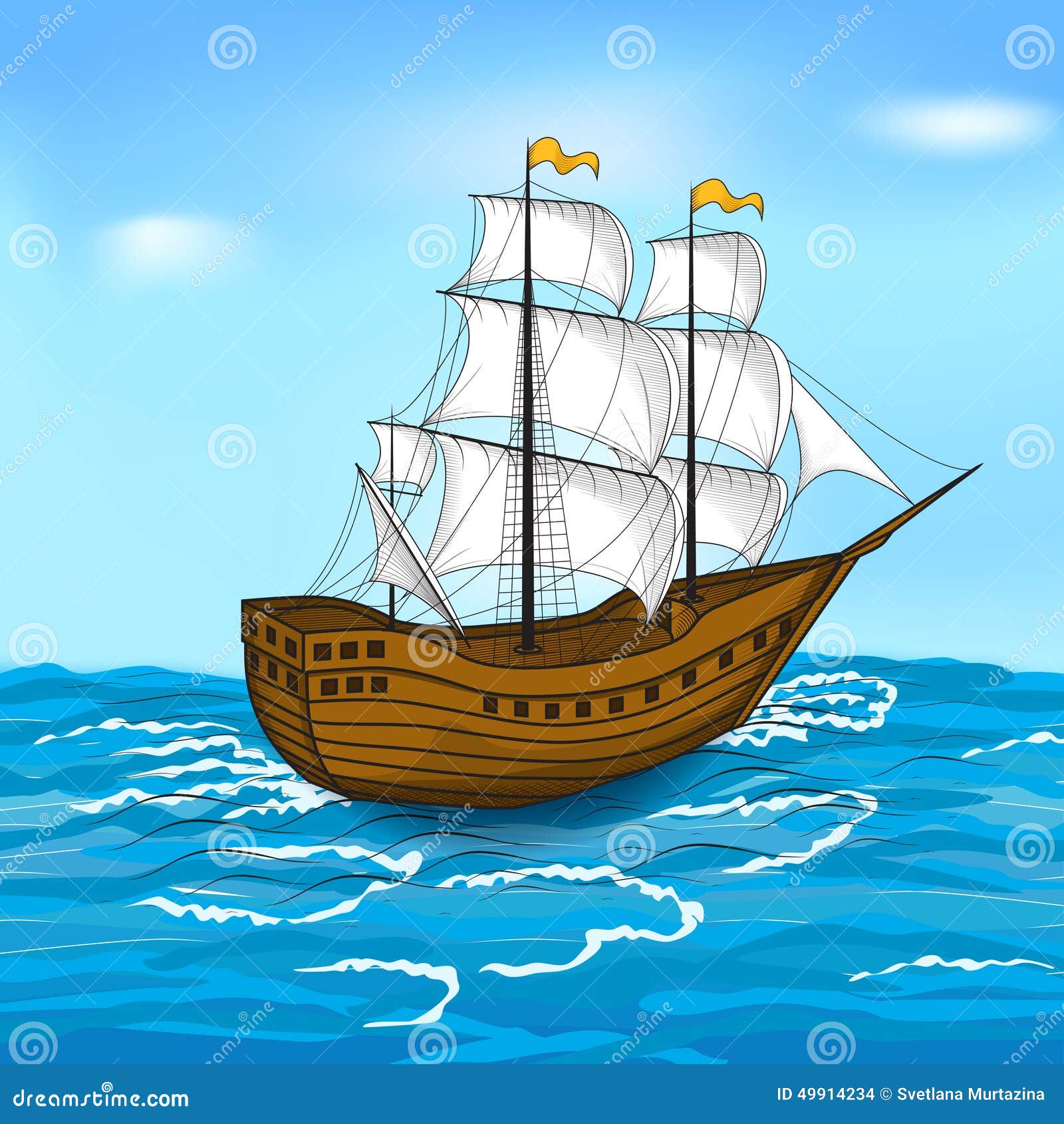 Vintage Sailing Ship In The Sea Cartoon Vector | CartoonDealer.com ...