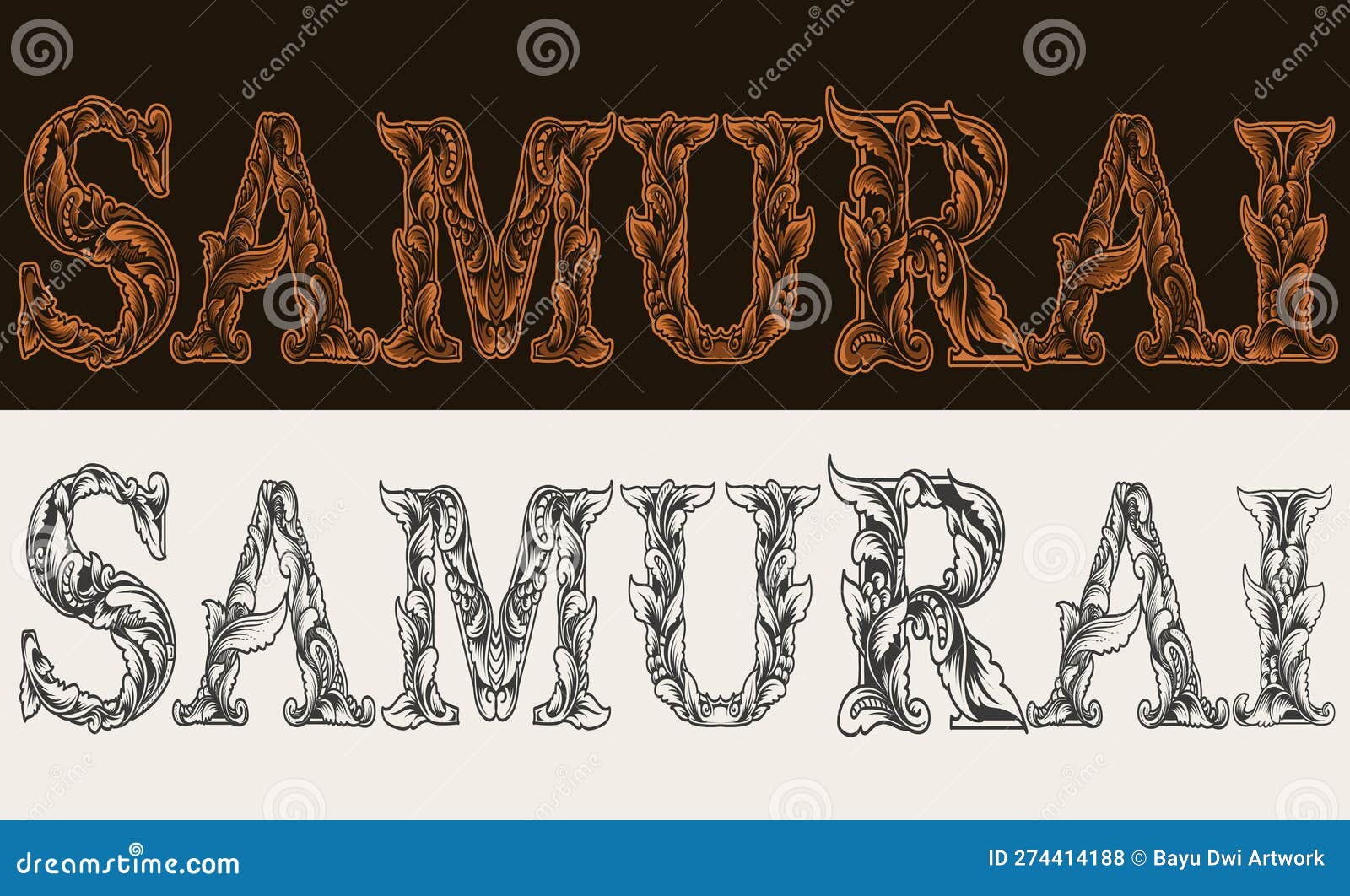 Vintage Samurai Calligraphy with Engraving Ornament Font Stock Vector ...