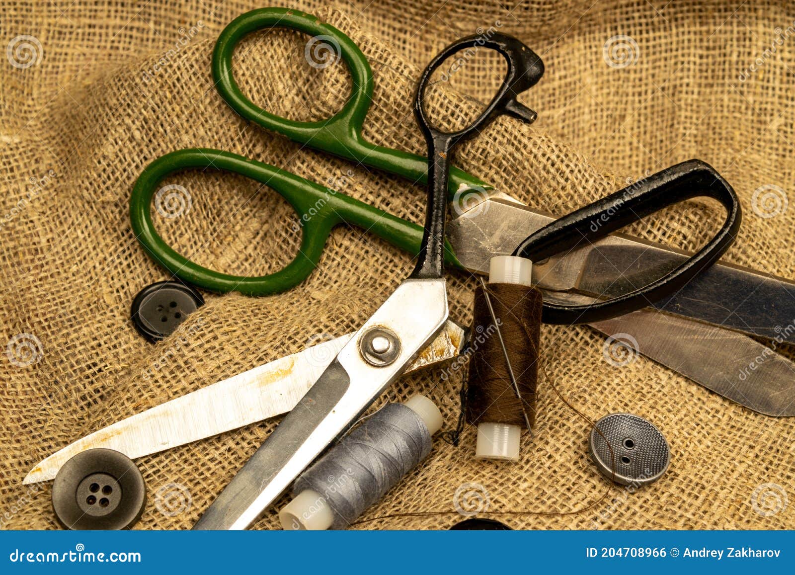 Vintage Sartorial Scissors Lying On Rough Fabric With Buttons And ...