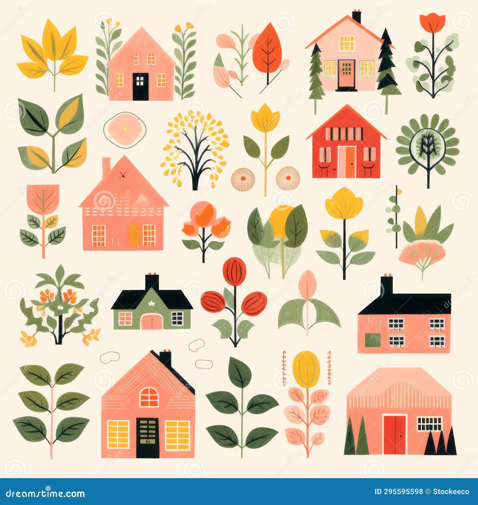 Vintage Scandinavian Style Cottage Illustration Set Stock Illustration ...